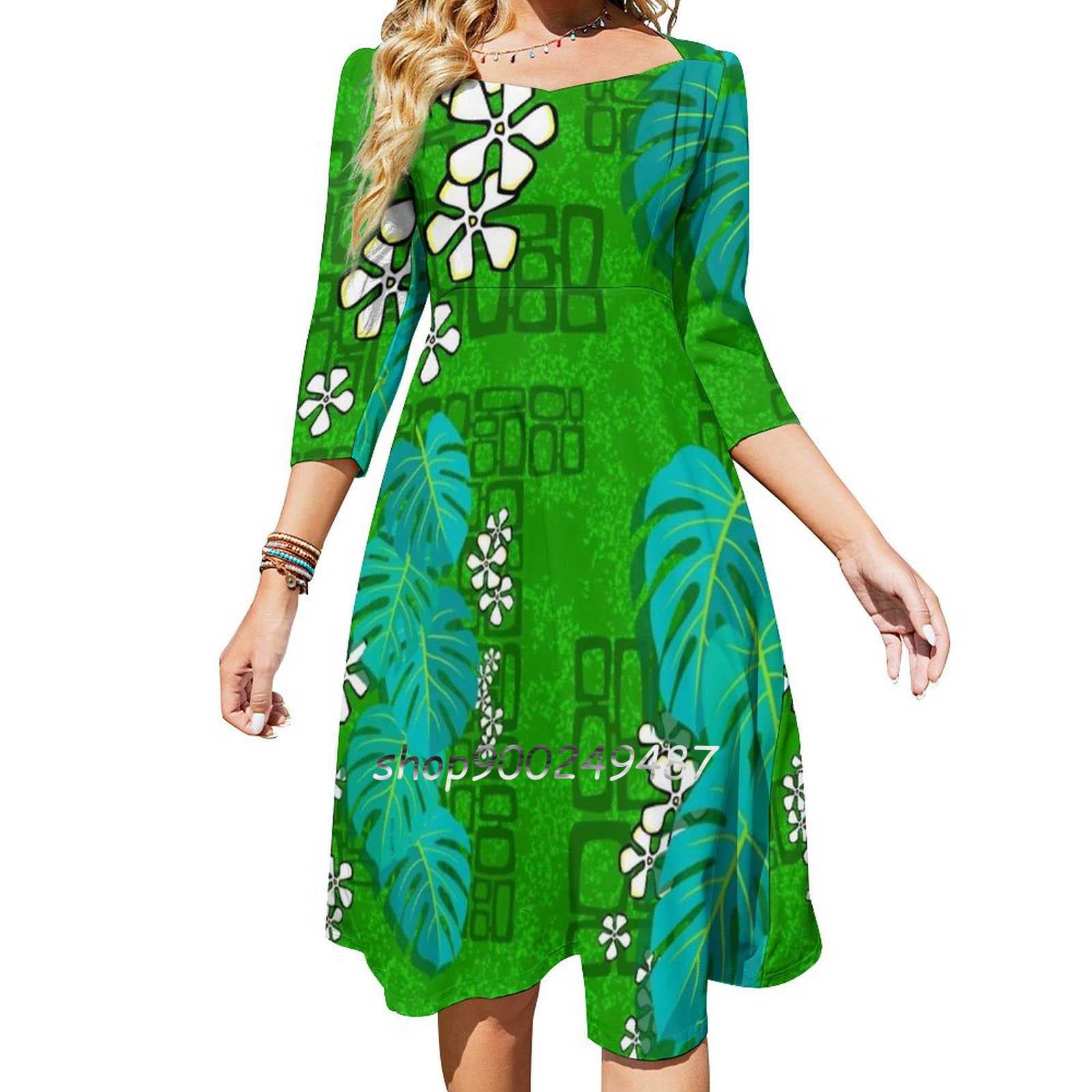 Tiki Garden Wall-Green Square Neck Dress New Plus Size Elegant Women ...
