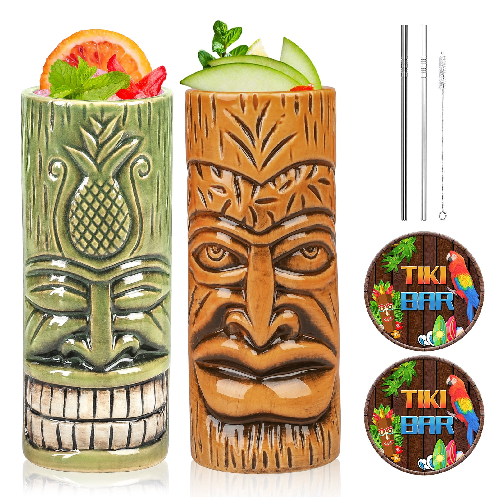 Tiki Glasses for Cocktails Tiki Mugs Set of 2 Ceramic Tiki Party Cups with Coaster Bar Decor ...