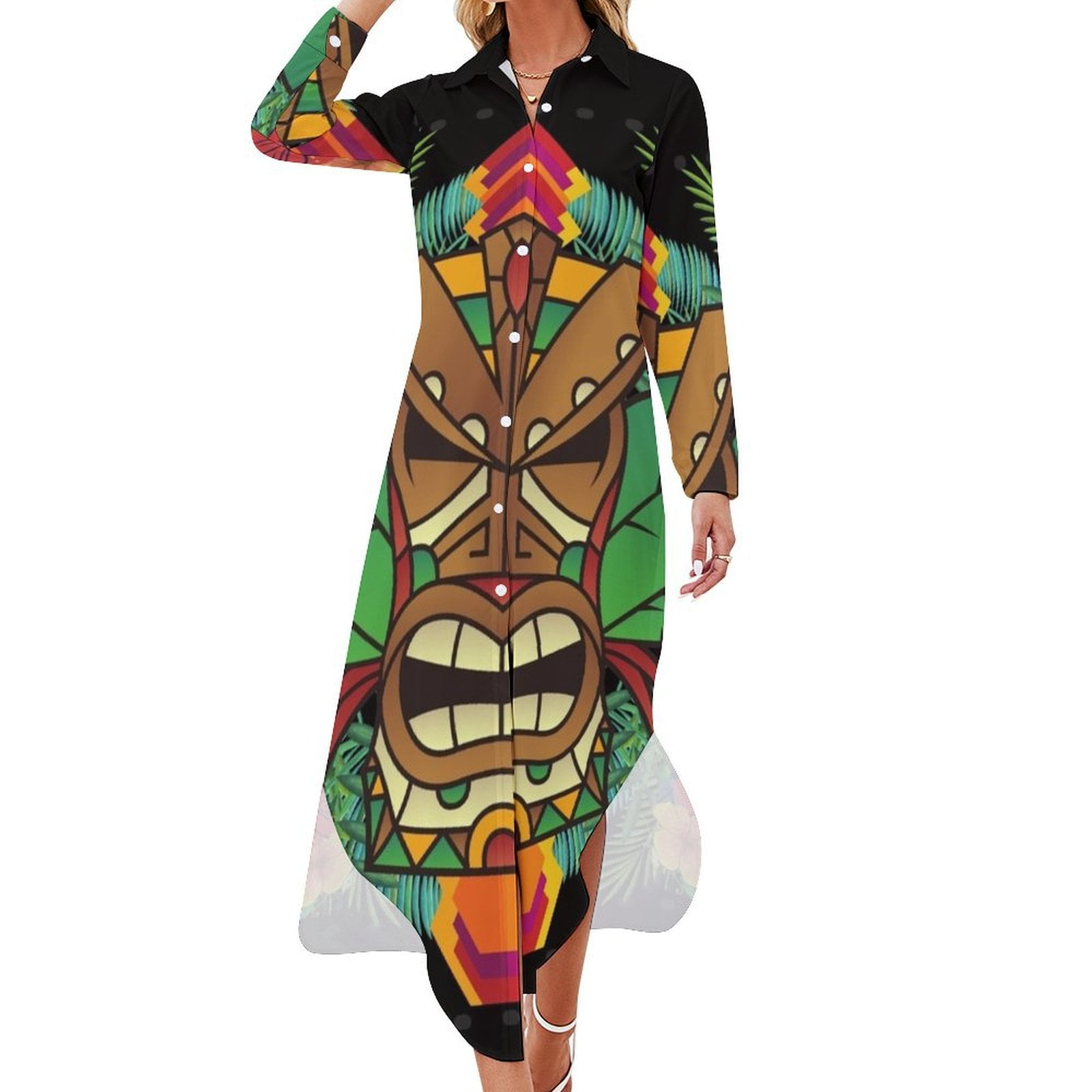 Tiki Head and Polynesian Florals Long Sleeved Shirt Dress cocktail ...