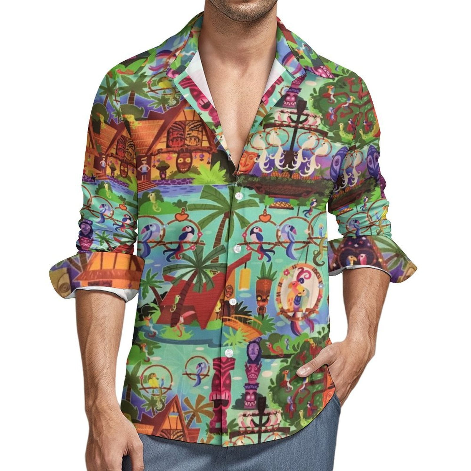 Tiki Hut Vintage Retro Art Hawaiian Shirt for Men Long Sleeve Button ...