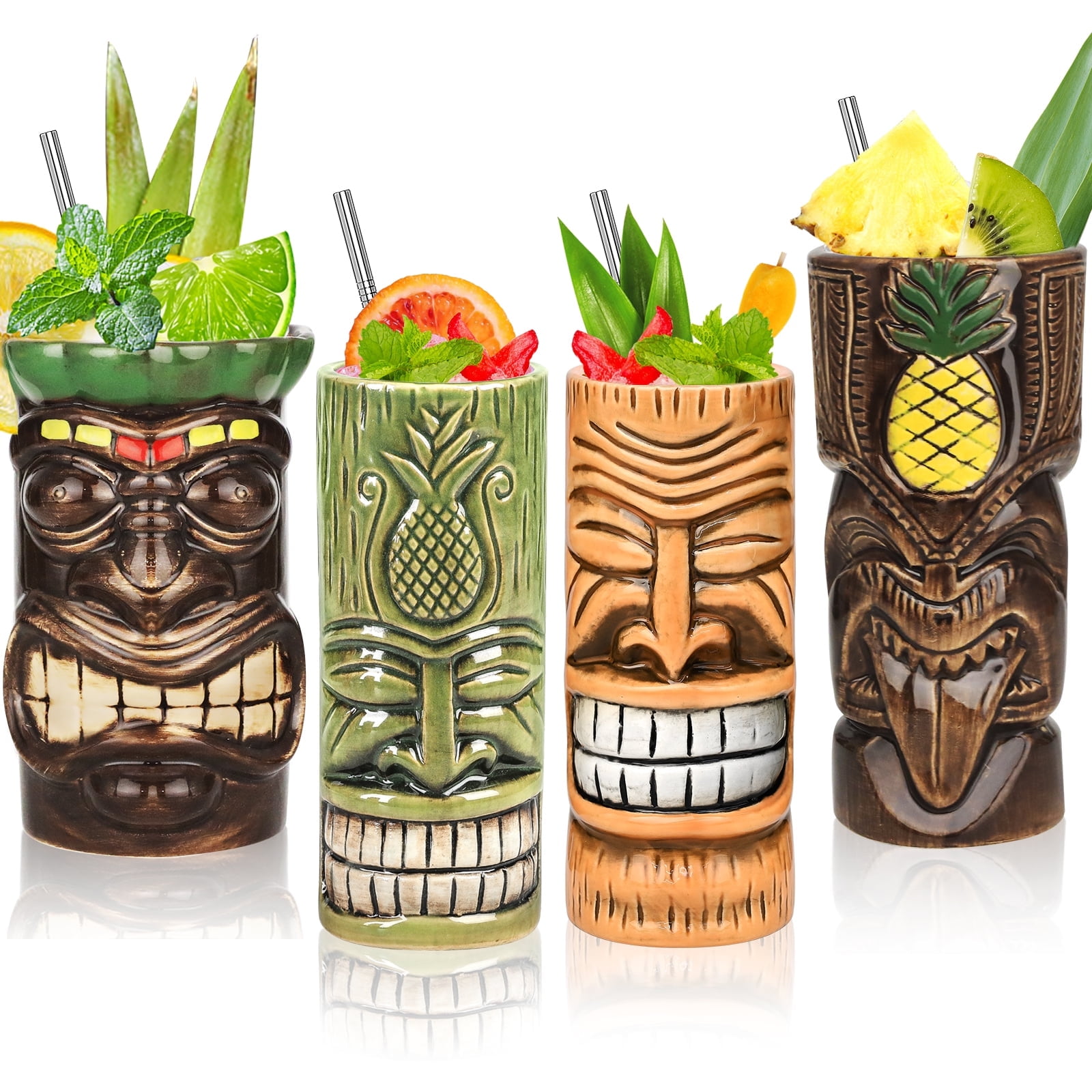 YooYuuk Tiki Mugs Cocktail Set, Large Ceramic Tumblers for Hawaiian ...