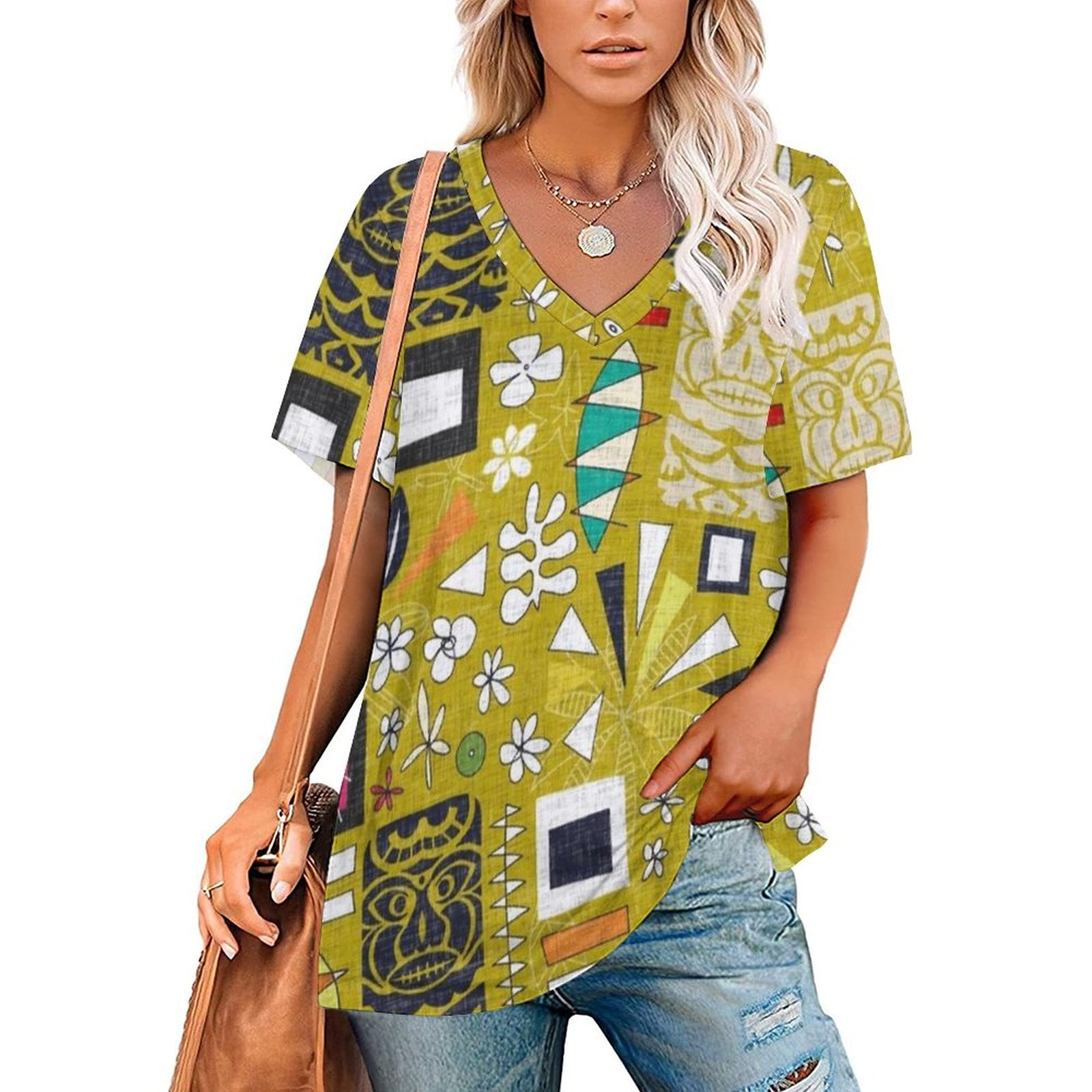 Tiki Yellow New Fashion Zip Off Shoulder Top Short-Sleeve Women Shirt ...