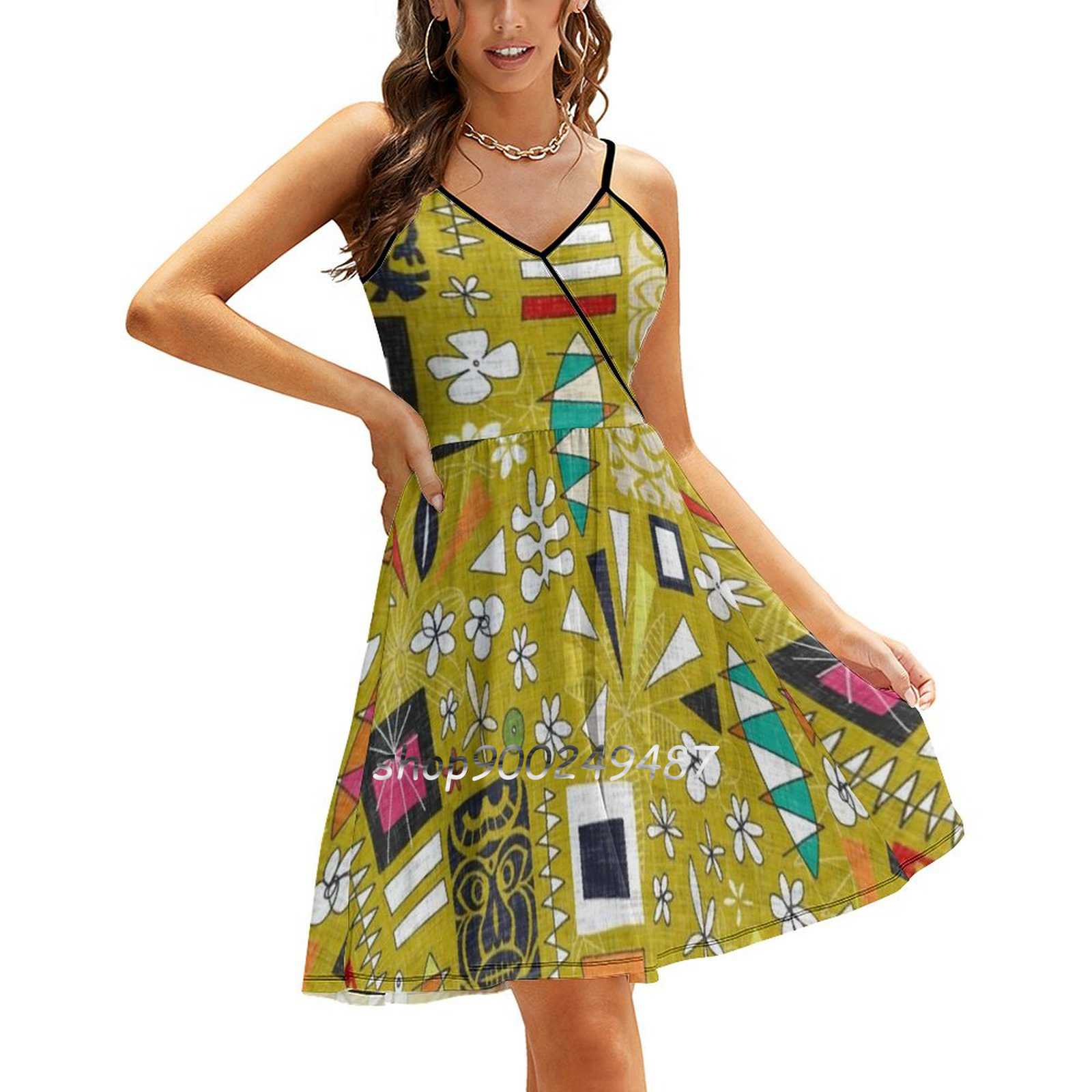 Tiki Yellow Sweet Elegant Dress Women Korean Kawaii Square Collar Dress ...