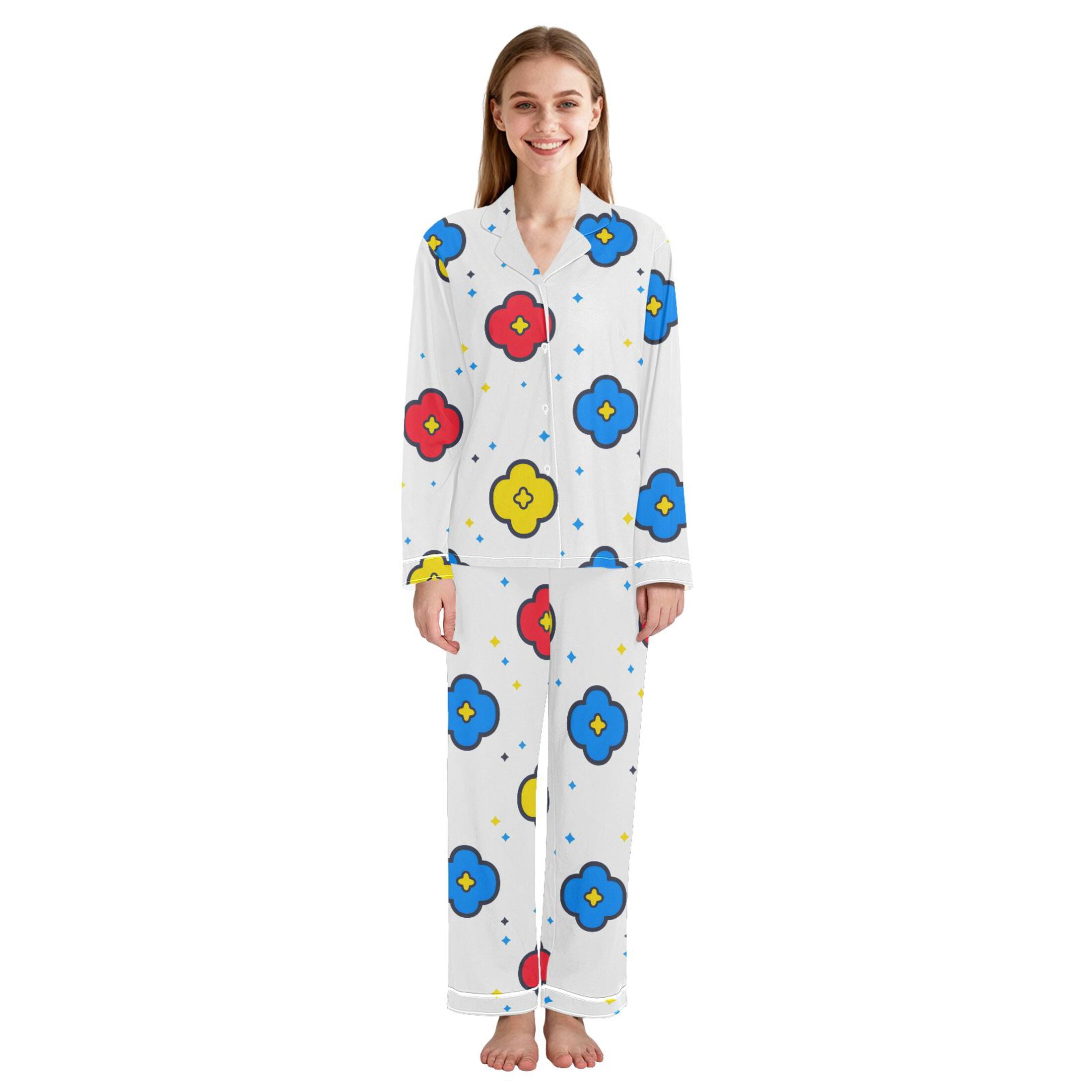Tile Flower Pattern Women Pajama Set Soft Notch Collar Button Down Long ...