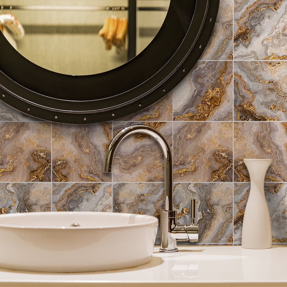 Tile Stickers 6"x6" Self-adhesive Waterproof Vinyl Decals Gold Marbling ...