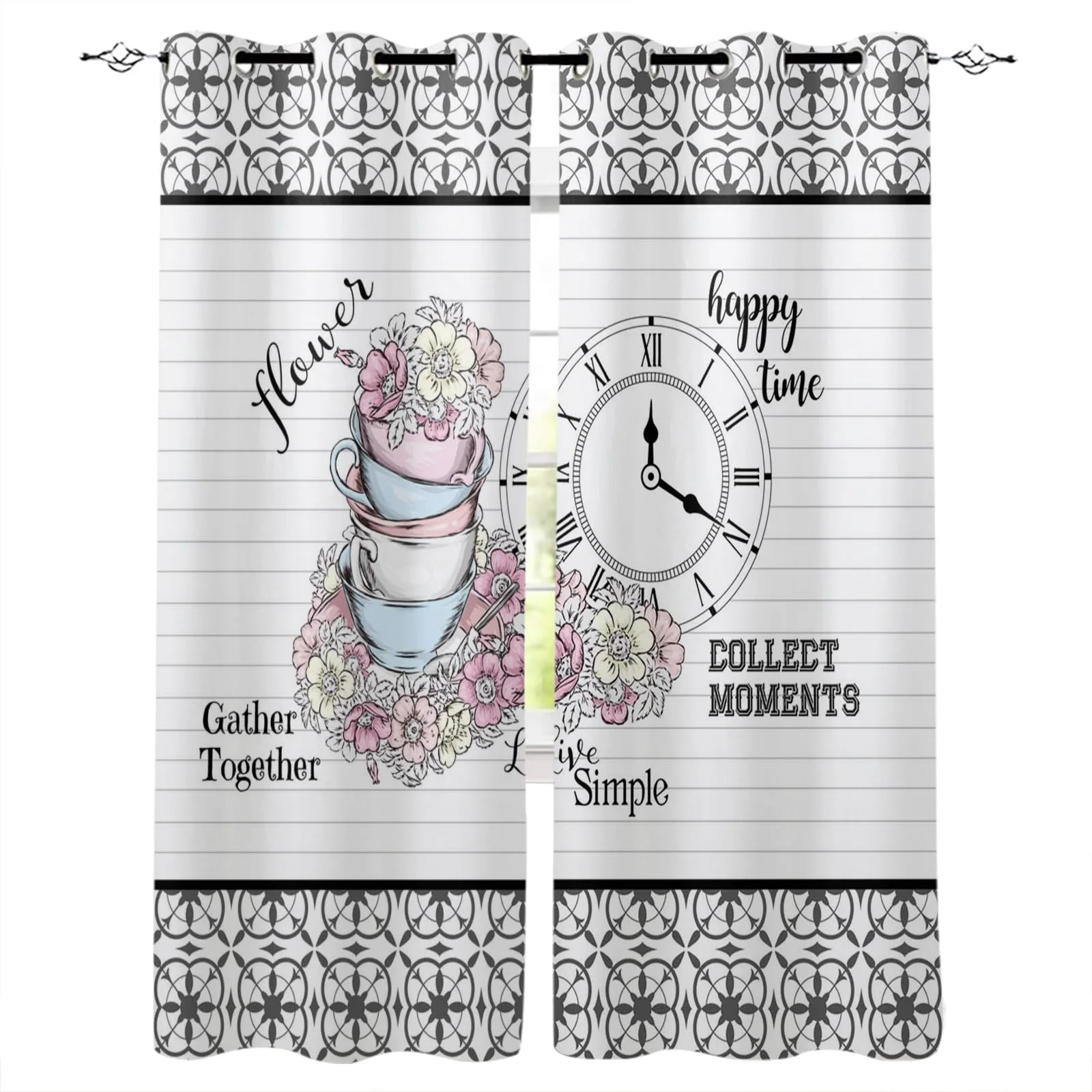 Tile Texture Flower Clock Coffee Cup Window Curtain Home Decor Curtains ...