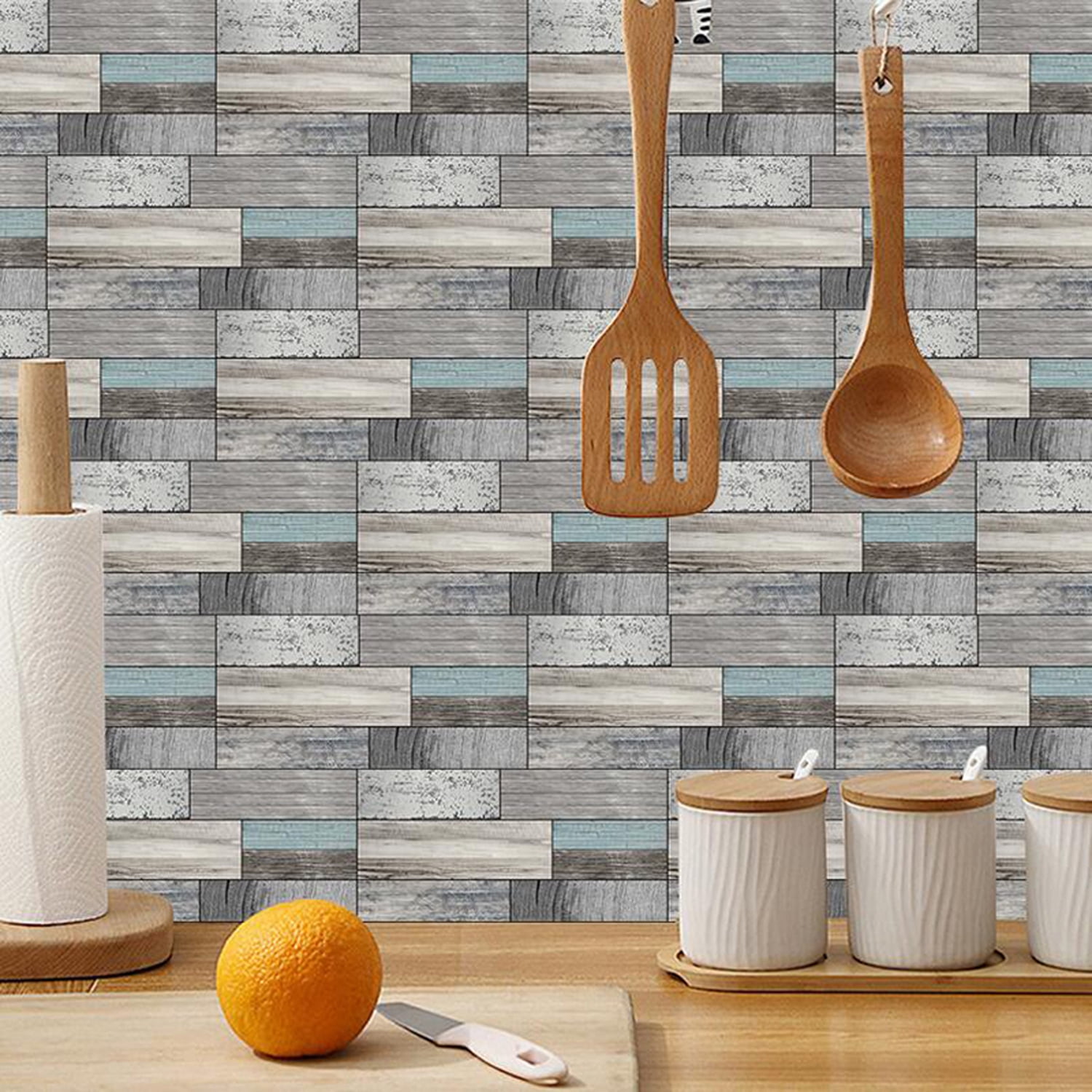 Tile Wall Stickers 12"x6" Gray Wood Grain Decals Vinyl Peel and Stick ...