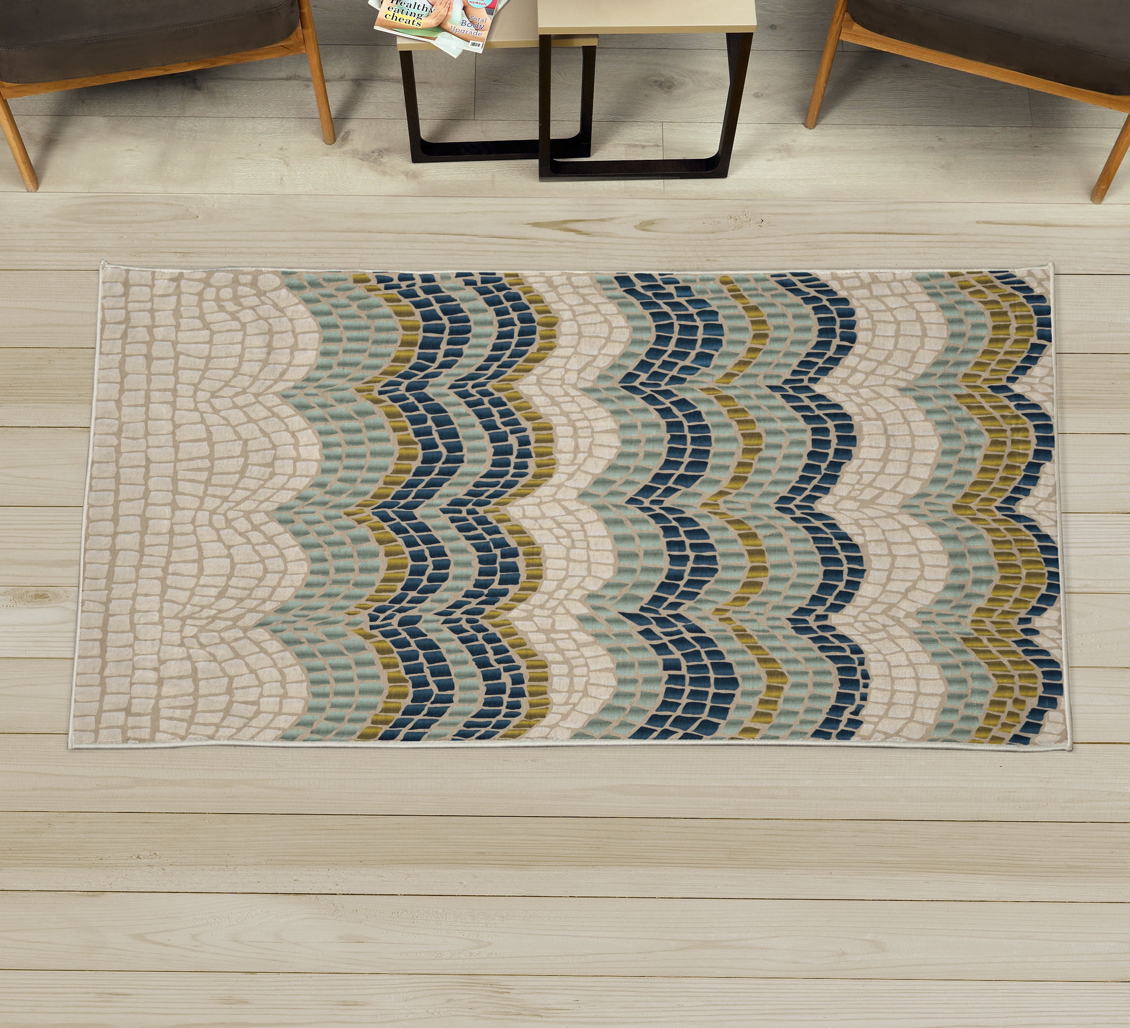 Tiles Decorative Rug, Gradient Colored Mosaic Waves Setting Antique ...