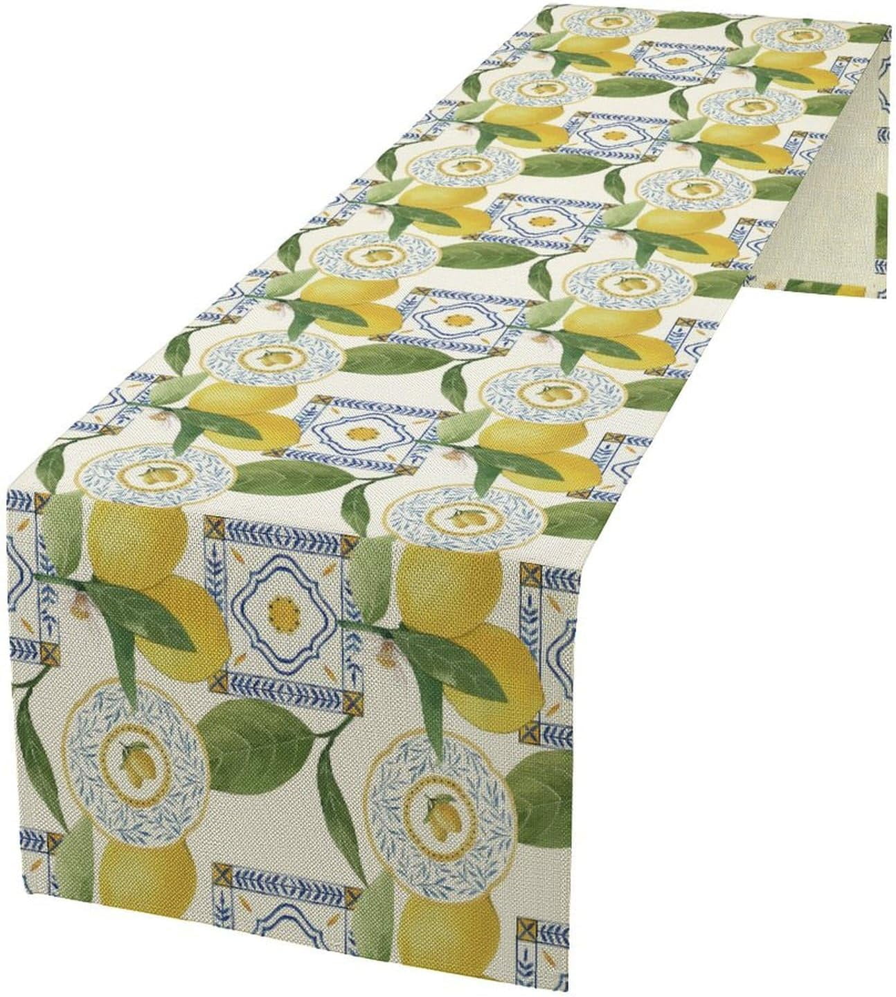 Tiles Lemon Table Runner, Watercolor Italian Tile Floral Plant Print ...