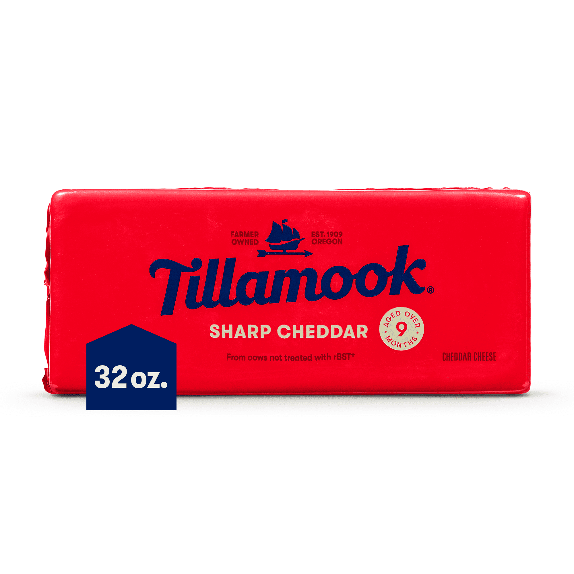 Tillamook Whole Sharp Cheddar Cheese Block, 2 lb (Aged 9 Months ...
