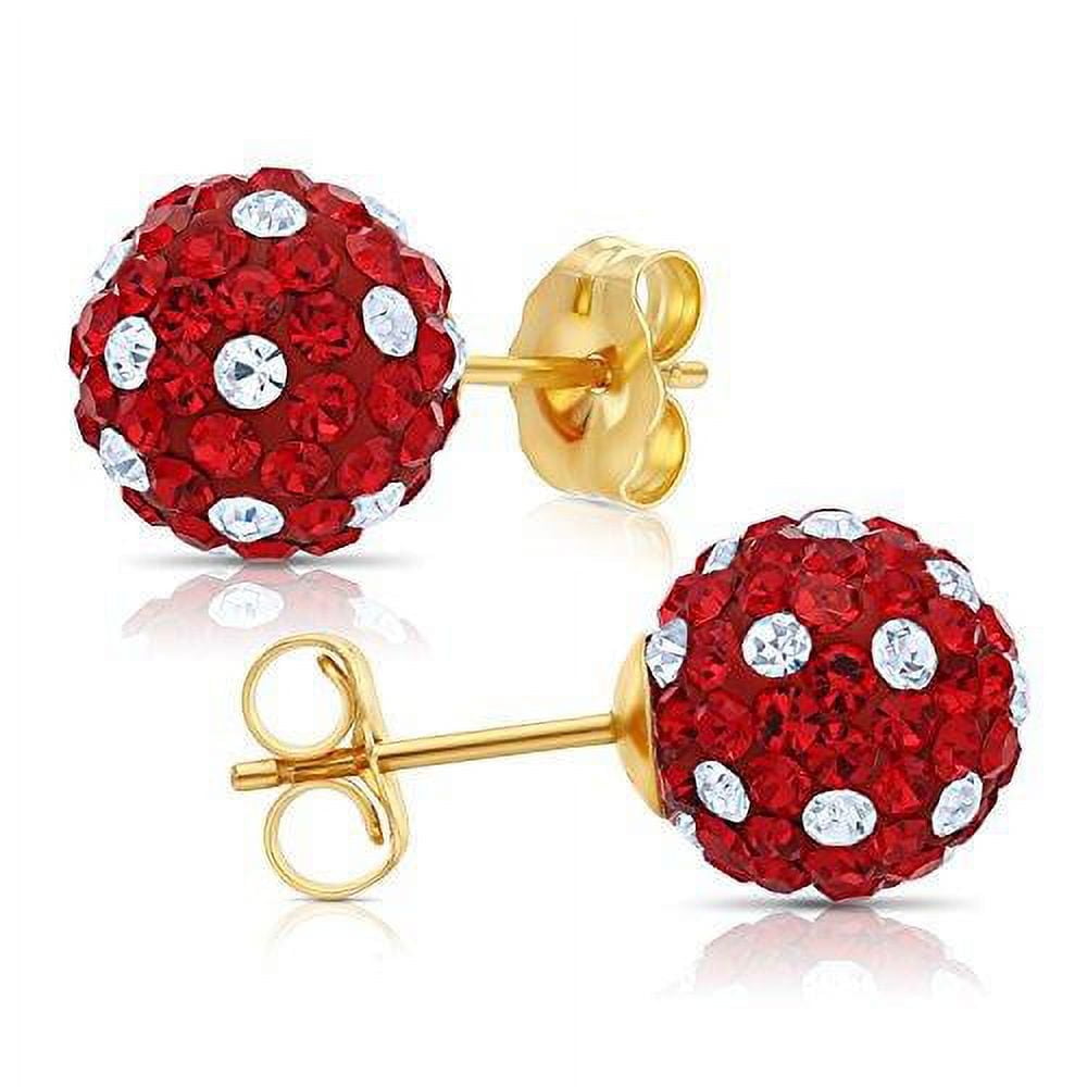Tilo 14k Yellow Gold Round Crystal Ball Stud Earrings with 14k Gold Pushbacks 8mm(Red/White) for ...