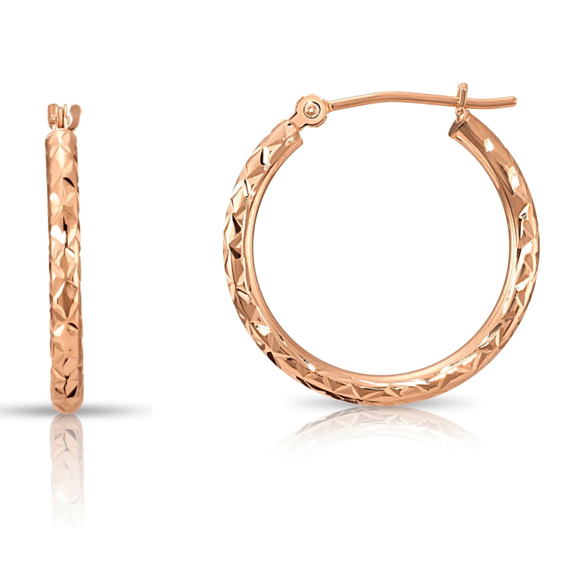 Tilo Jewelry 14K Rose Gold Diamond-Cut Engraved Round Hoop Earrings for ...