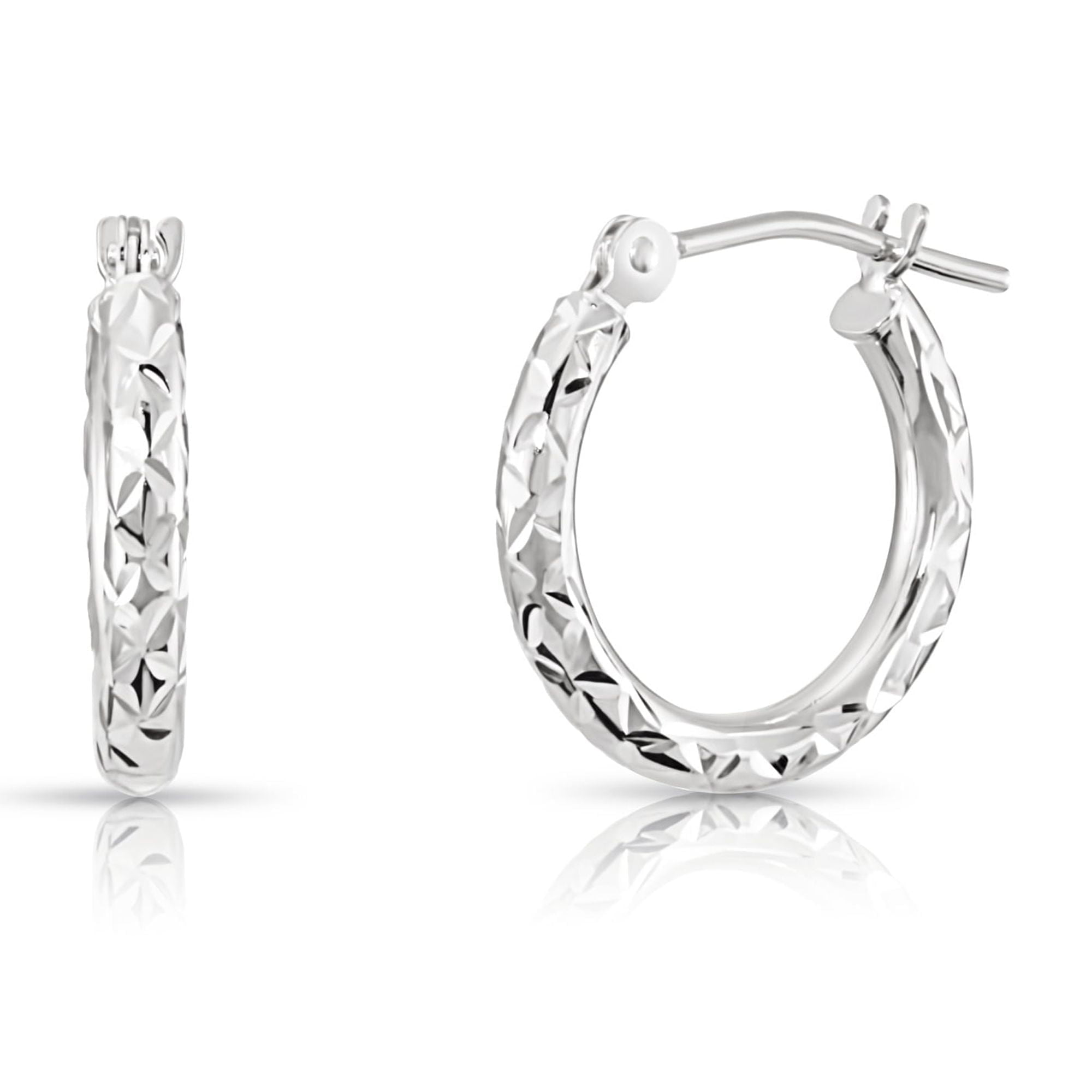 Tilo Jewelry 14K White Gold Diamond-Cut Engraved Round Hoop Earrings ...