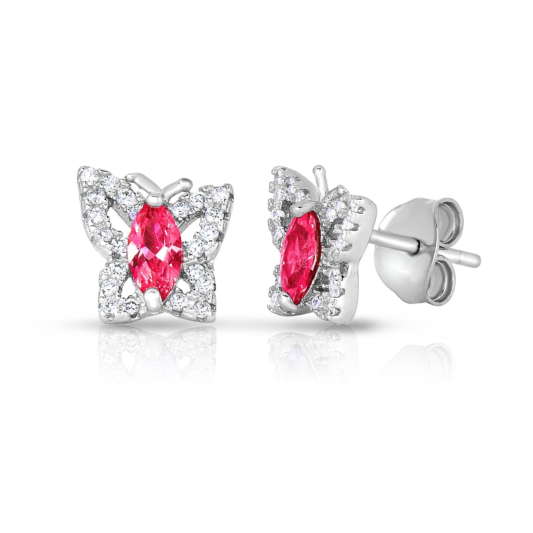 Tilo Jewelry 925 Sterling Silver Butterfly Halo CZ Birthstone Pink Stud ...