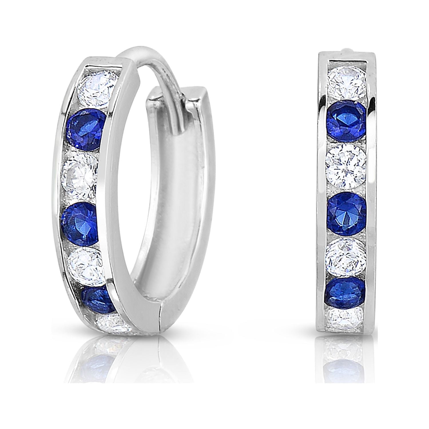 Tilo Jewelry 925 Silver Huggie Hoop Earrings, Blue & White CZ ...
