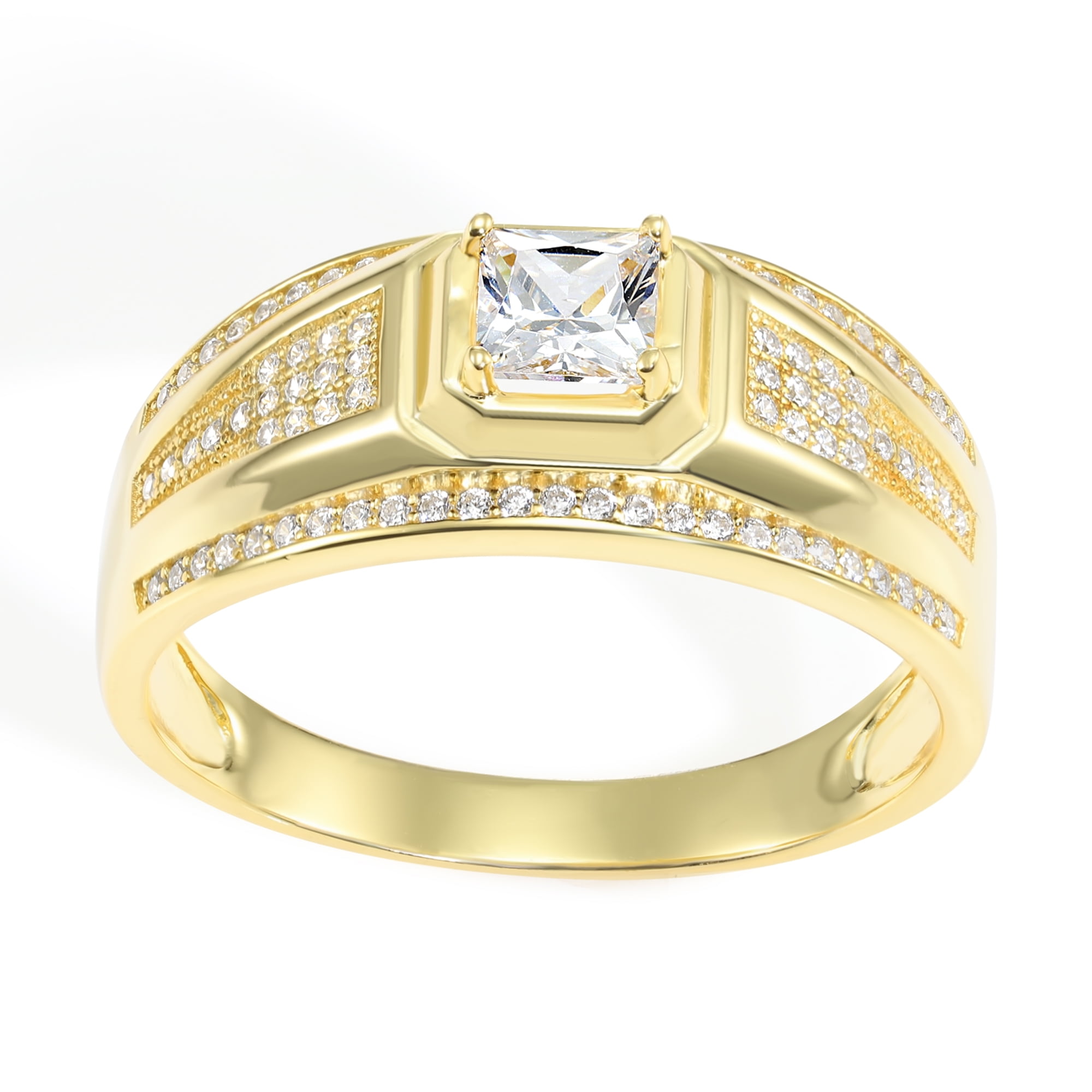 Tilo Jewelry Yellow Gold Plated 925 Sterling Silver Solitaire Princess-Cut Square Pave Band ...