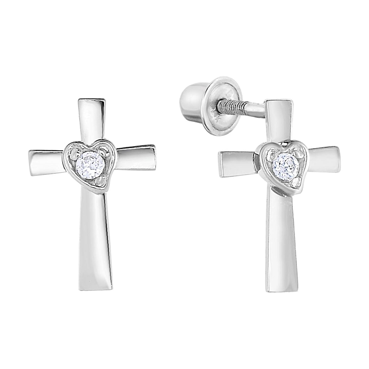 Tilo 14k White Gold CZ Cross & Heart Stud Earrings for Women, Girls ...