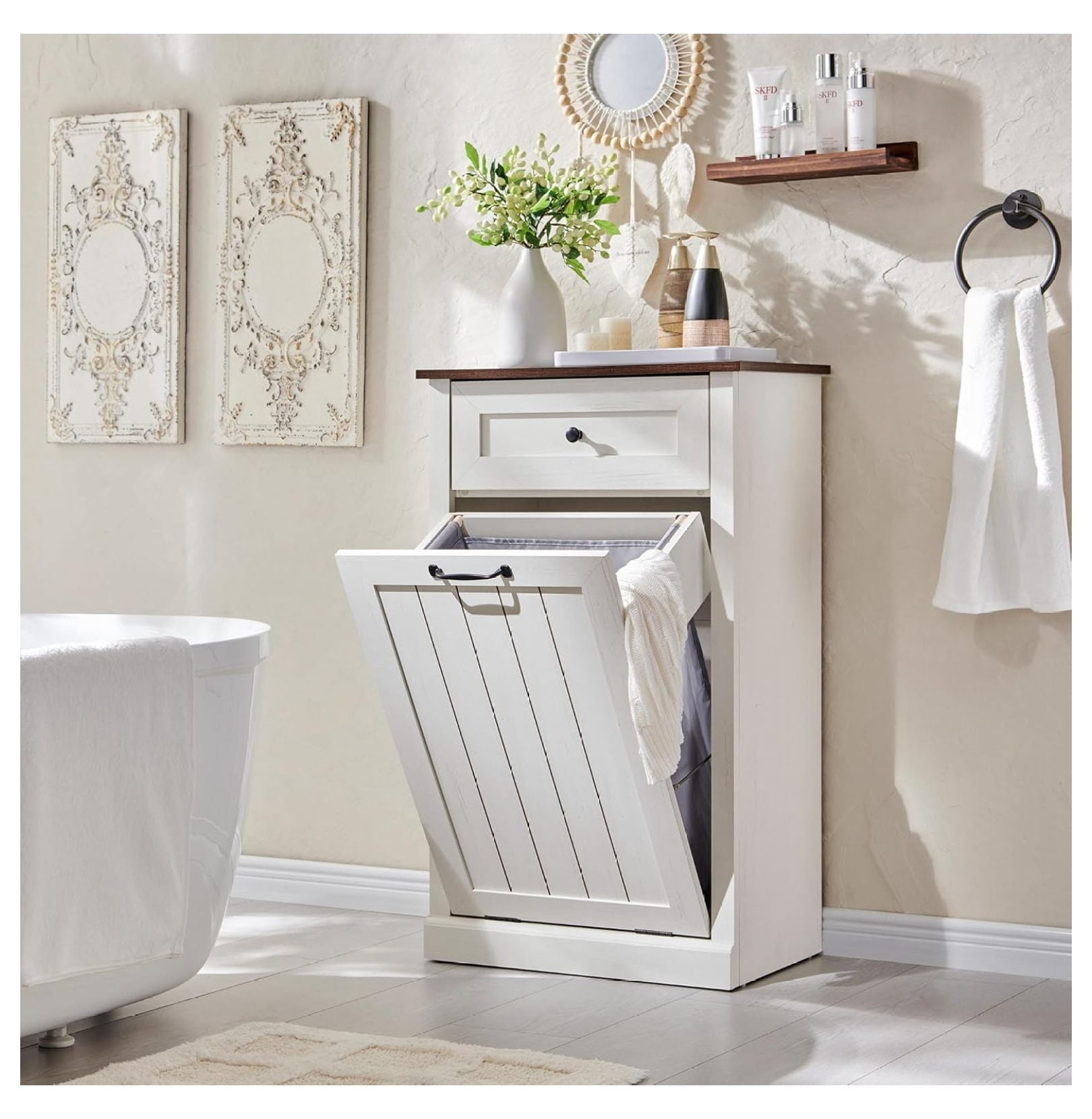 Tilt Out Laundry Hamper Cabinet, 10 Gallon Farmhouse Trash Can Cabinet ...