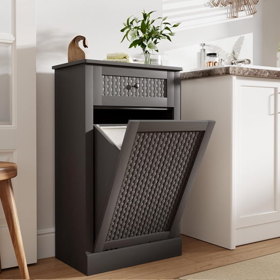 Tilt Out Laundry Hamper Cabinet, Rattan-Style Laundry Room Organization ...