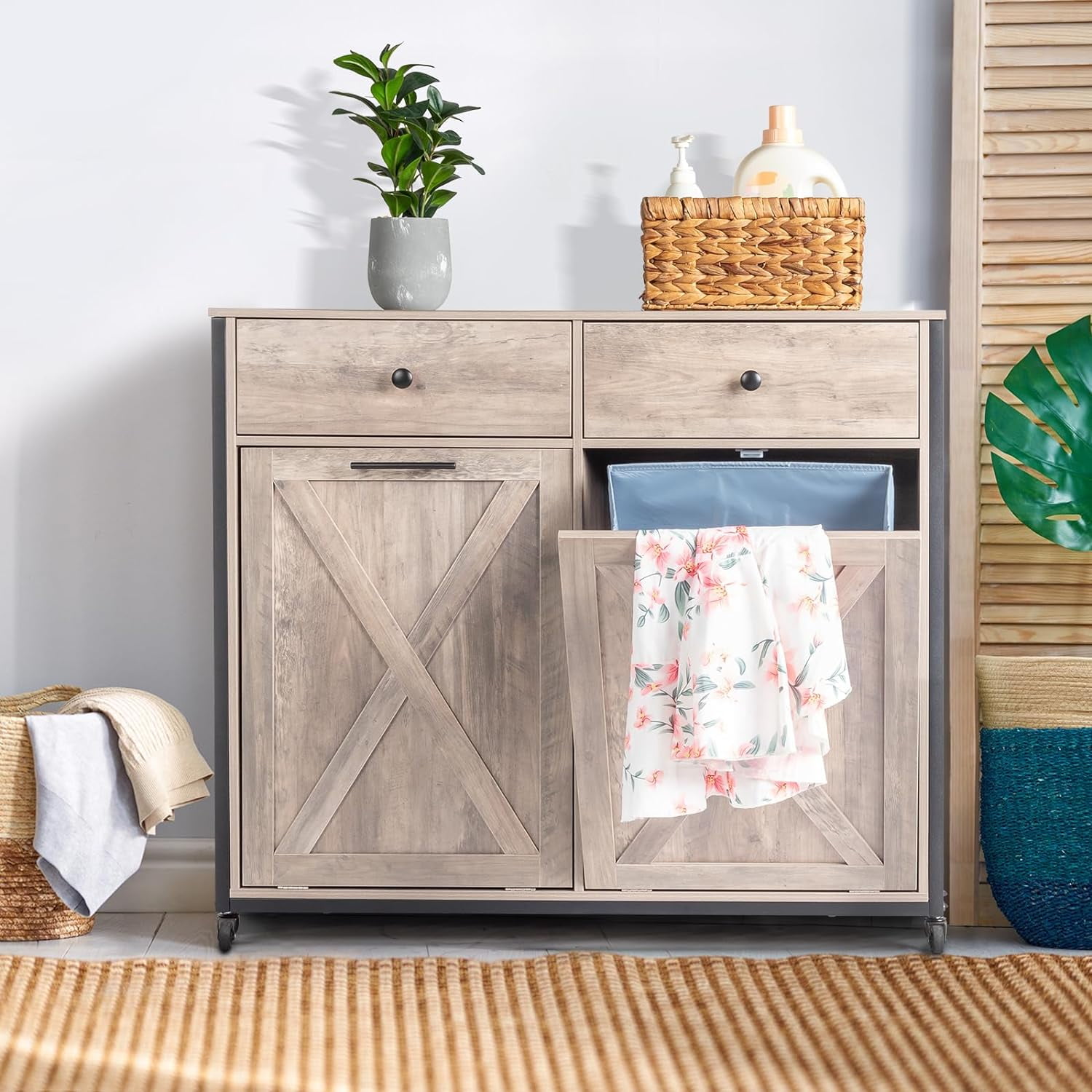 Tilt Out Laundry Hamper Cabinet with 2 Drawers and Lockable Wheels ...