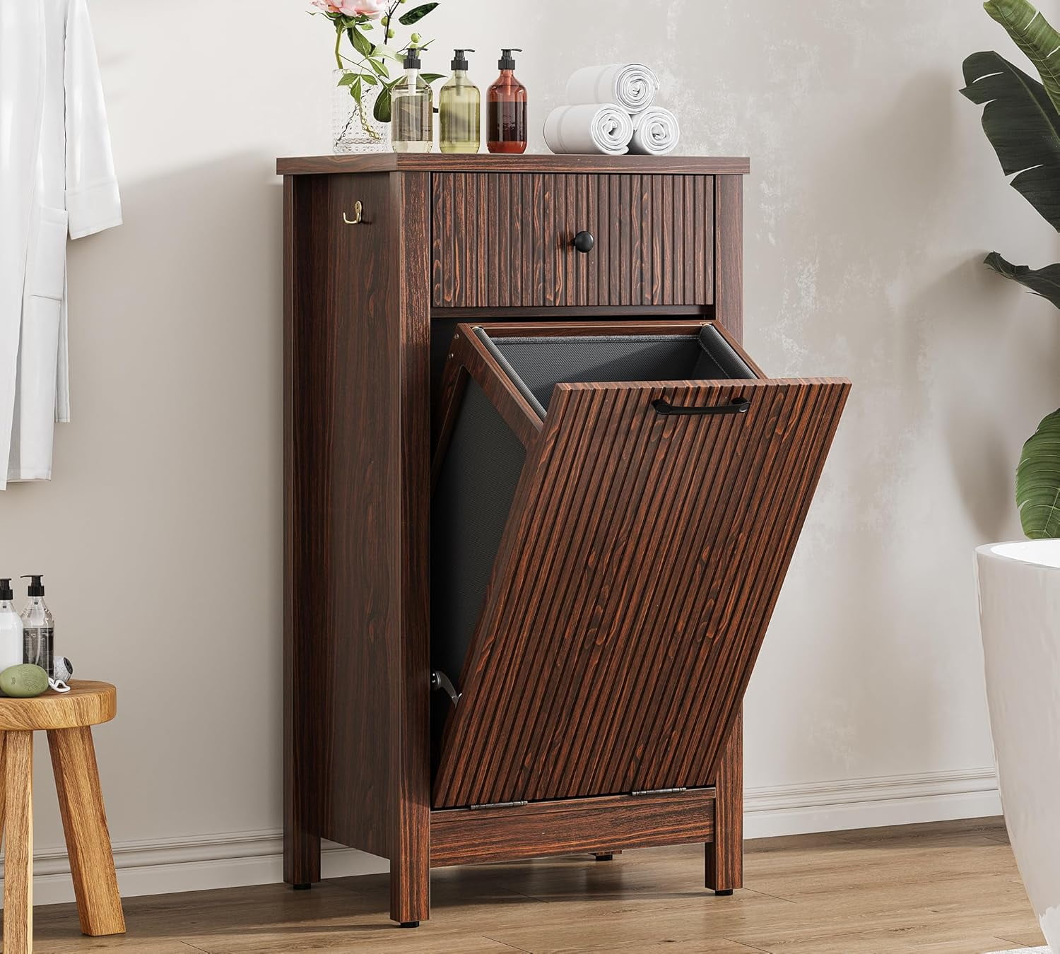 Tilt-Out Laundry Hamper Cabinet with Drawer, 10 Gallon Fluted Trash Can ...