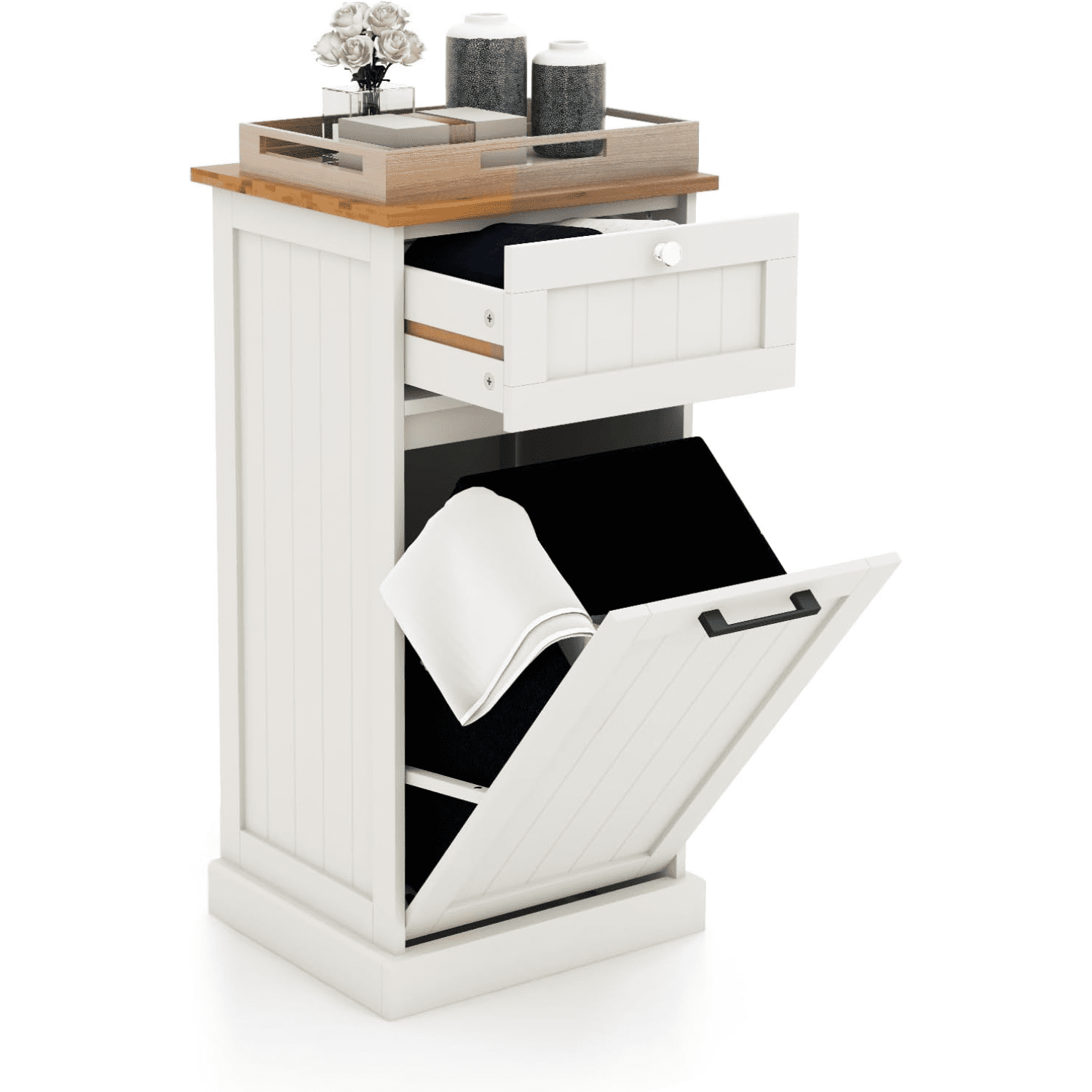 Tilt-Out Laundry Hamper Cabinet Freestanding Bathroom Storage Cabinet w ...