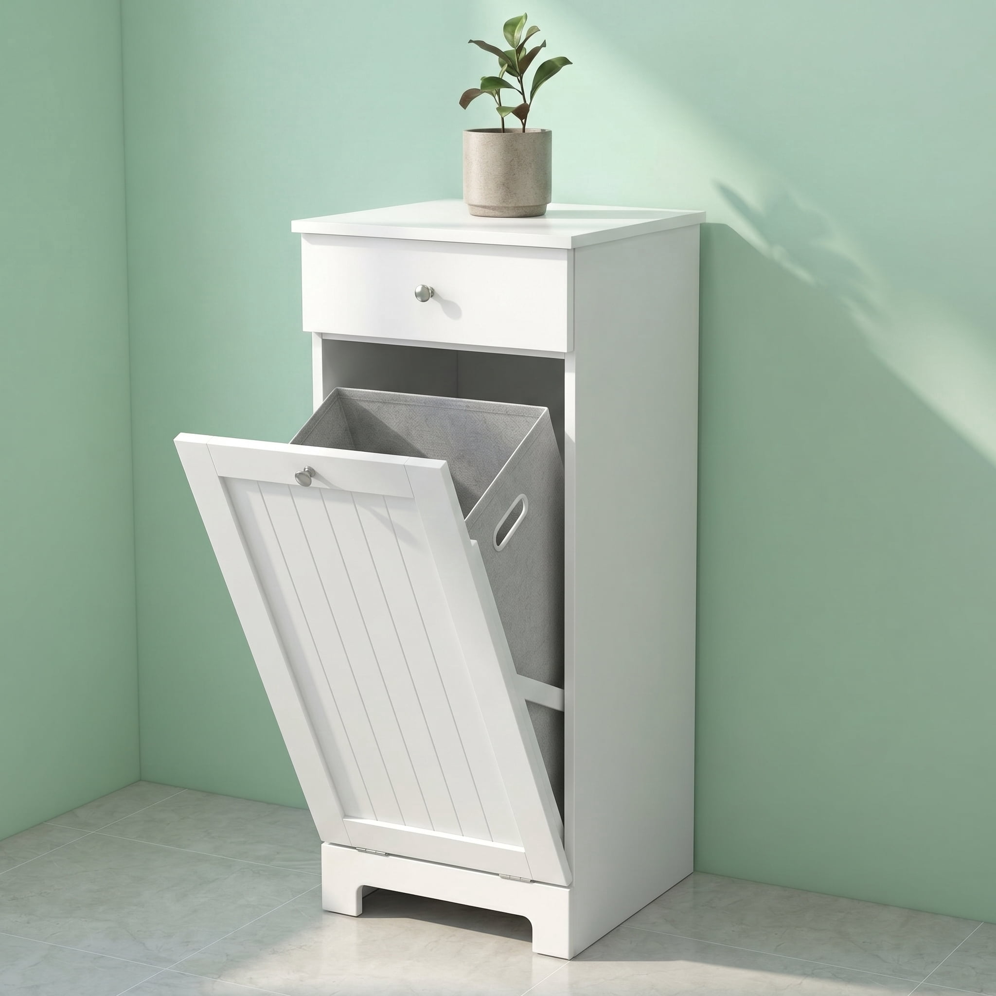 Tilt-Out Laundry Hamper Cabinet with Drawer, Wooden Laundry Basket ...