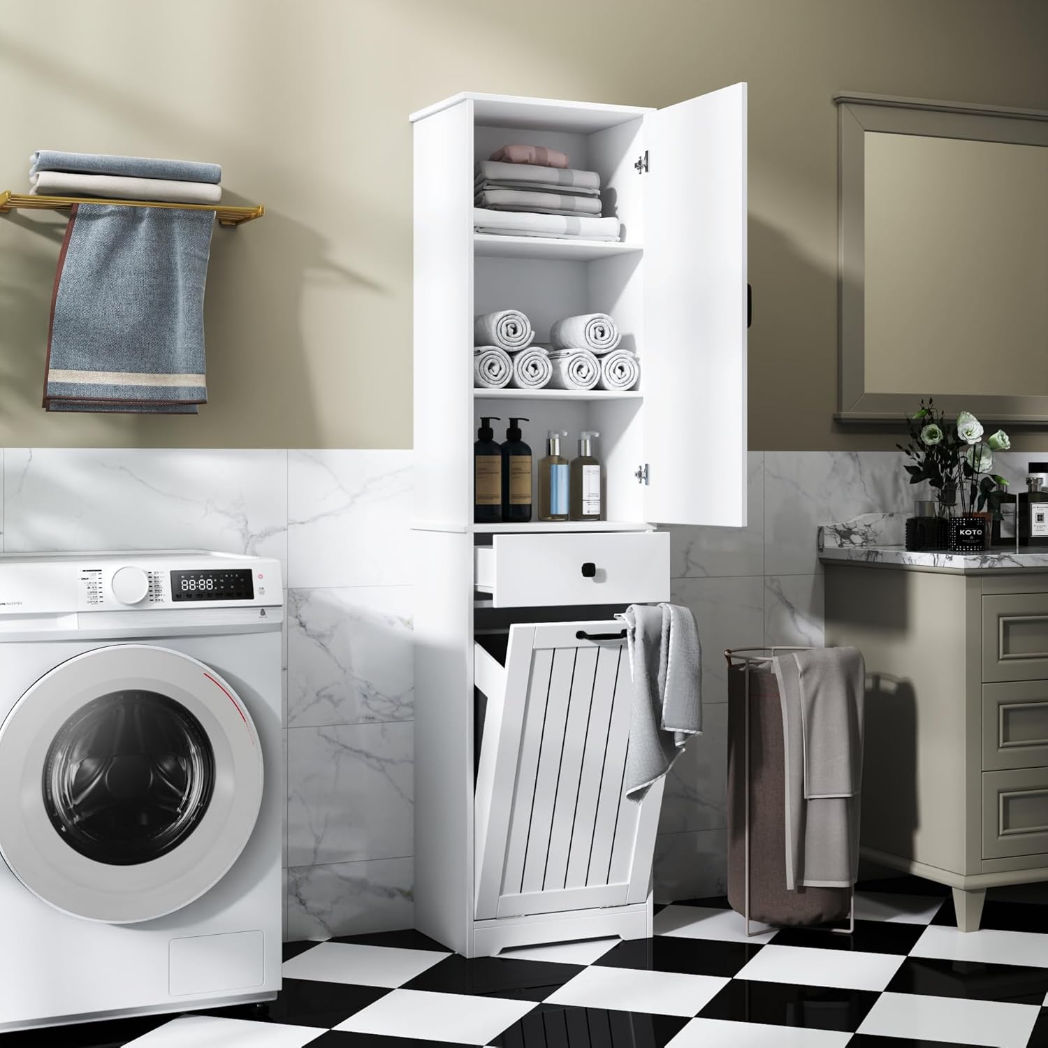 Tilt-Out Laundry Hamper with Shelf, 70" Tall Slim Bathroom Storage ...