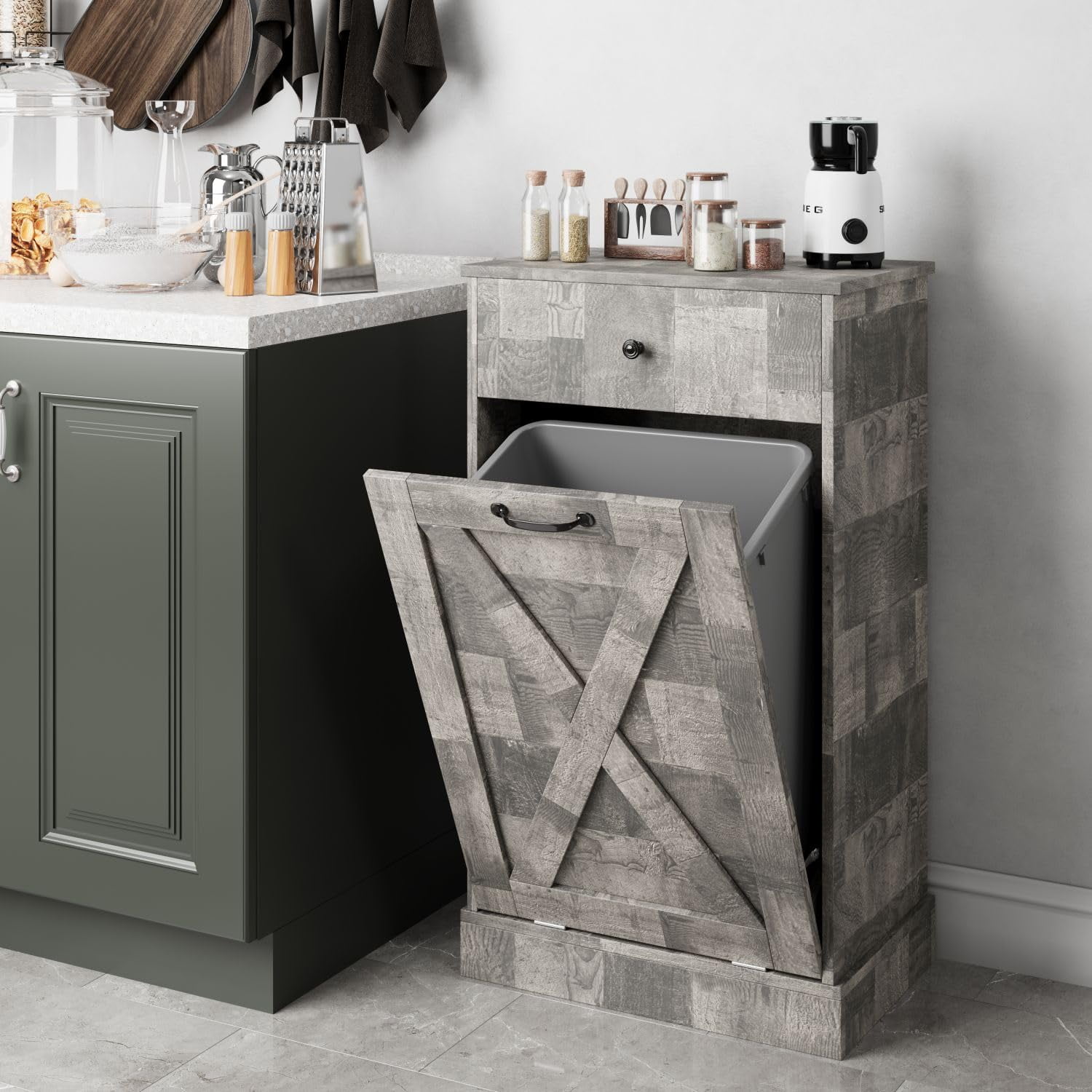 Tilt Out Trash Cabinet 10 Gallon Freestanding Wooden Kitchen Trash ...