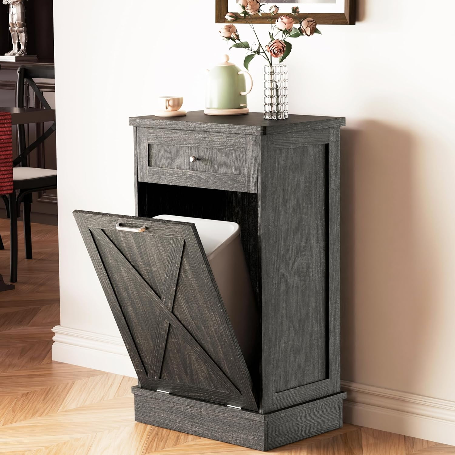 Tilt Out Trash Cabinet,Antique-Style Barn Door Kitchen Island with ...