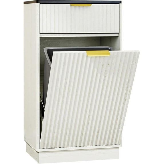 Tilt-Out Trash Cabinet, White Laundry Hamper Cabinet with Black Top, 34 ...