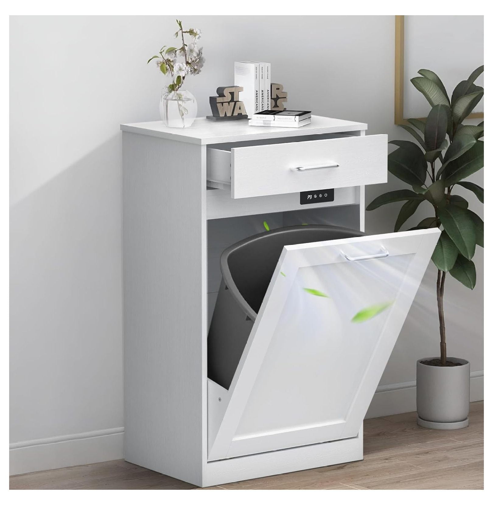 Tilt Out Trash Can Cabinet with Drawer, Premium Negative Ion-Deodorizing Function, Hidden ...
