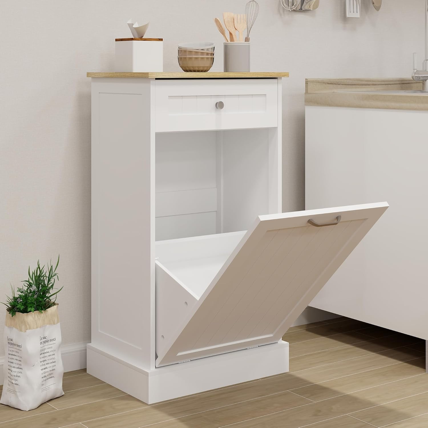 Tilt Out Trash Cabinet, 10 Gallon Freestanding Wooden Kitchen Trash ...