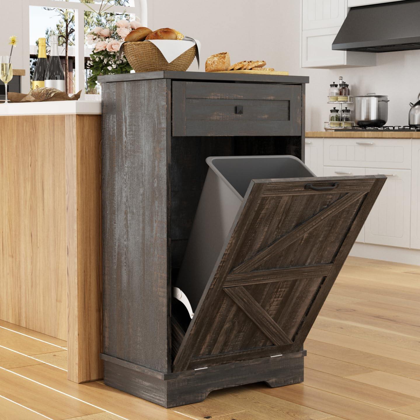 Tilt Out Trash Cabinet, Dog Proof 10 Gallon Trash Can Cabinet with ...