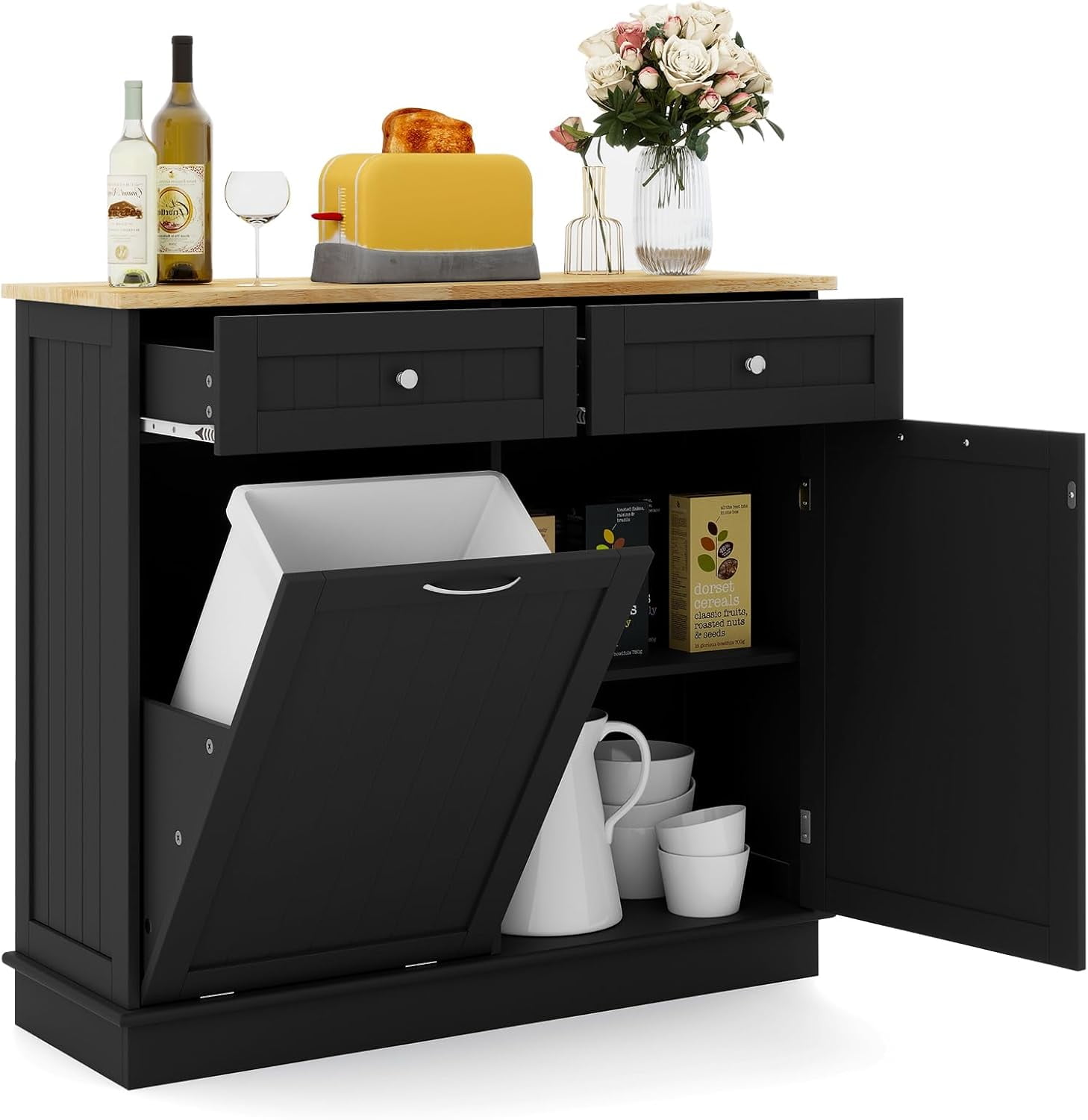 Tilt Out Trash Cabinet Trash Cabinet with 2 Drawers & Adjustable Shelf ...