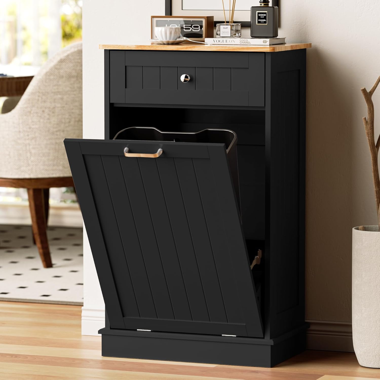Tilt Out Trash Can Cabinet 13 Gallon, Wooden Freestanding Hidden Trash Can Cabinet with Drawer ...