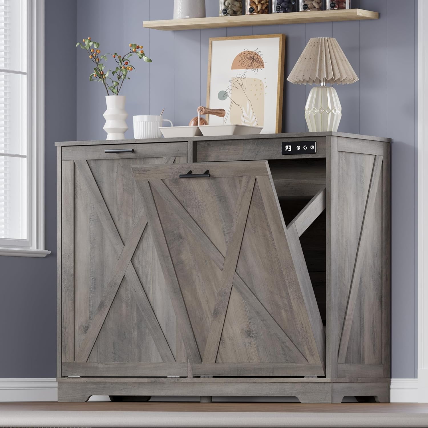 Tilt Out Trash Can Cabinet for 2 Bins, Hidden Recycle Garbage Bin Enclosure, Wooden Double ...