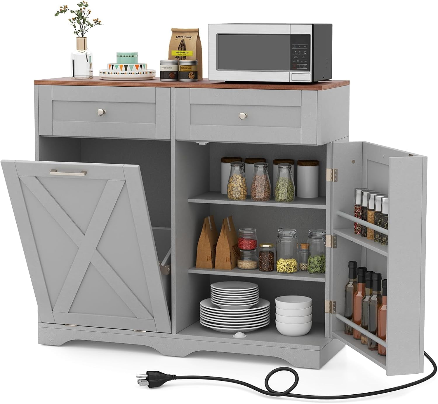 Tilt Out Trash Can Cabinet Island with 2 Drawers & Adjustable Shelves ...