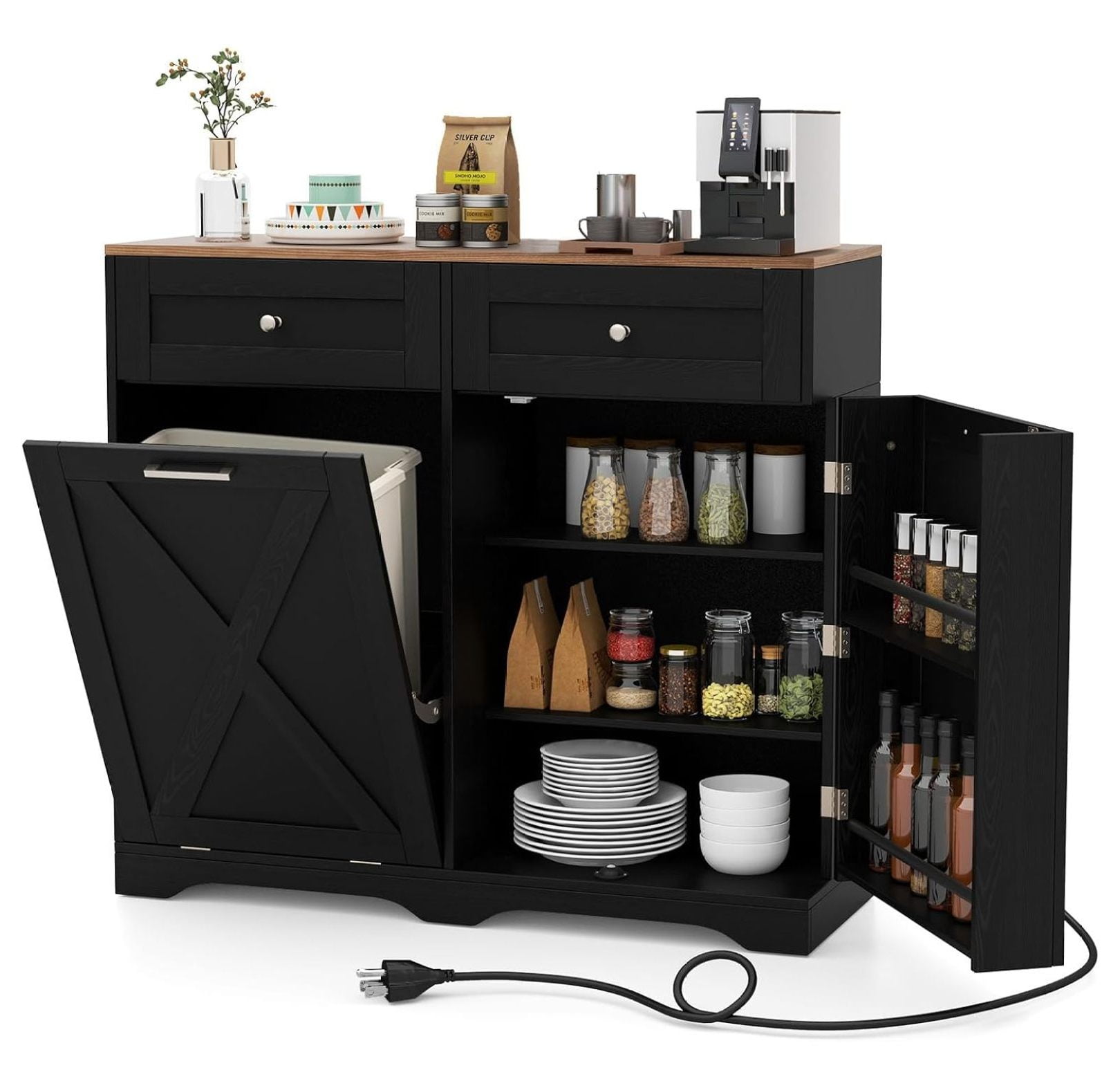 Tilt Out Trash Can Cabinet, Kitchen Island with Power Outlet, 2 Drawers ...