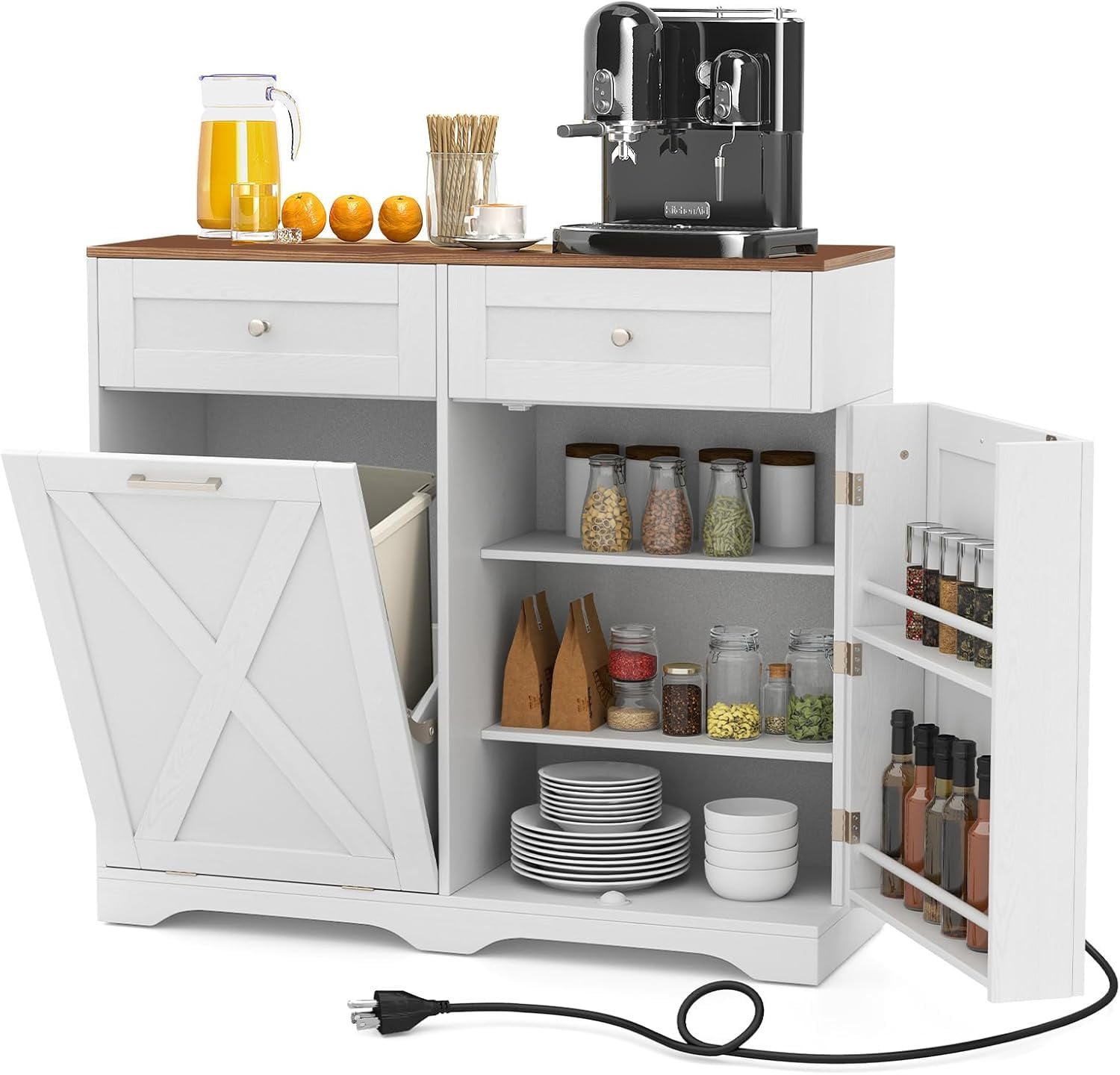 Tilt Out Trash Can Cabinet, Kitchen Island with Power Outlet, 2 Drawers ...
