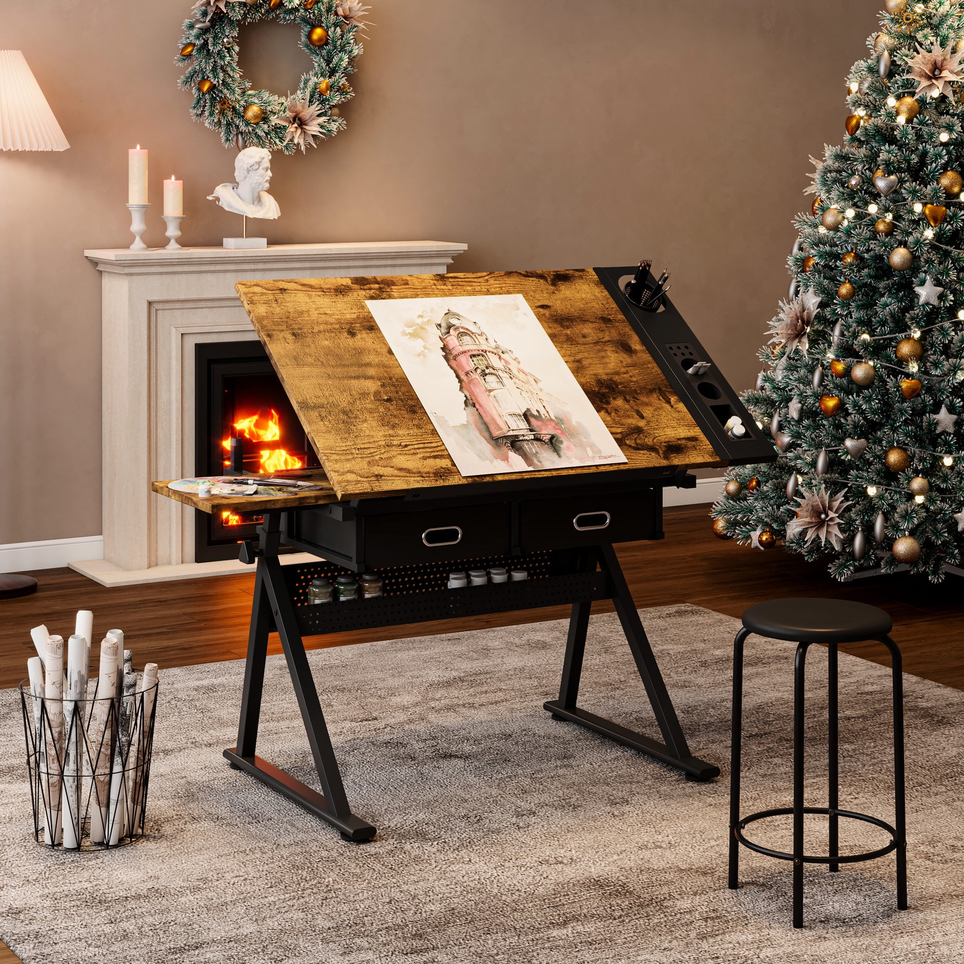 Tiltable drawing table with adjustable height 2 large drawers and side ...