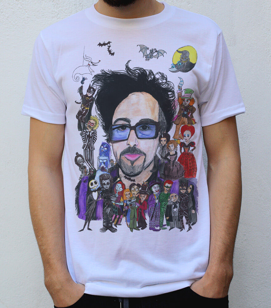 Tim Burton T shirt +his characters Beetlejuice Skellington Willy Wonka ...