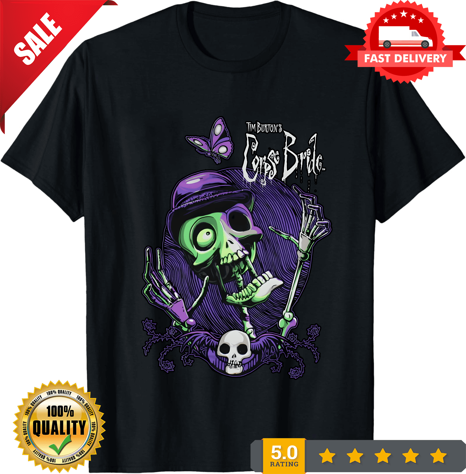 Tim Burton's Corpse Bride Men's Bonejangeles Adult Short Sleeve T-Shirt ...