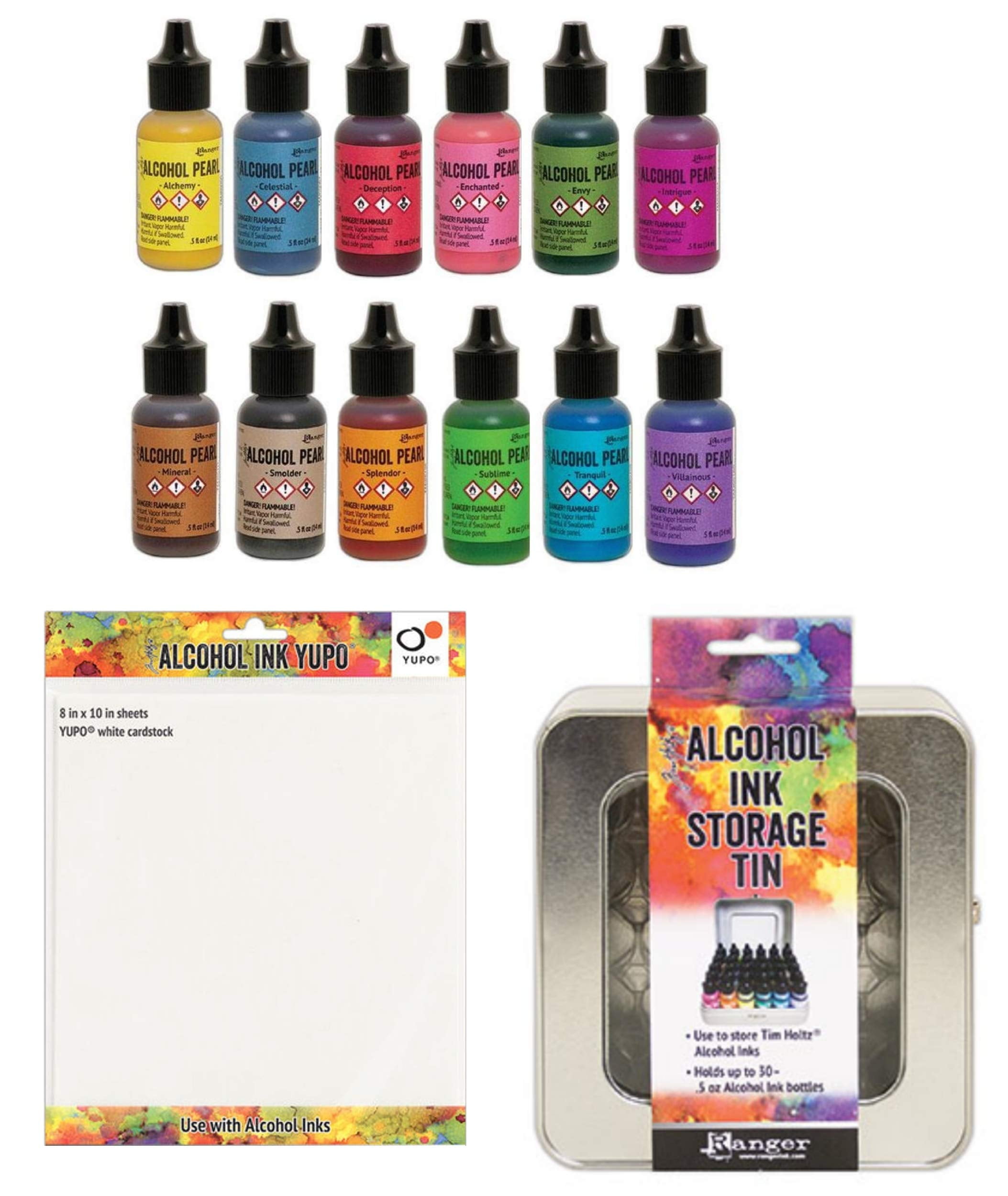 Tim Holtz - 12 Pearl Alcohol Inks, Alcohol Ink Storage Tin, One Sheet ...