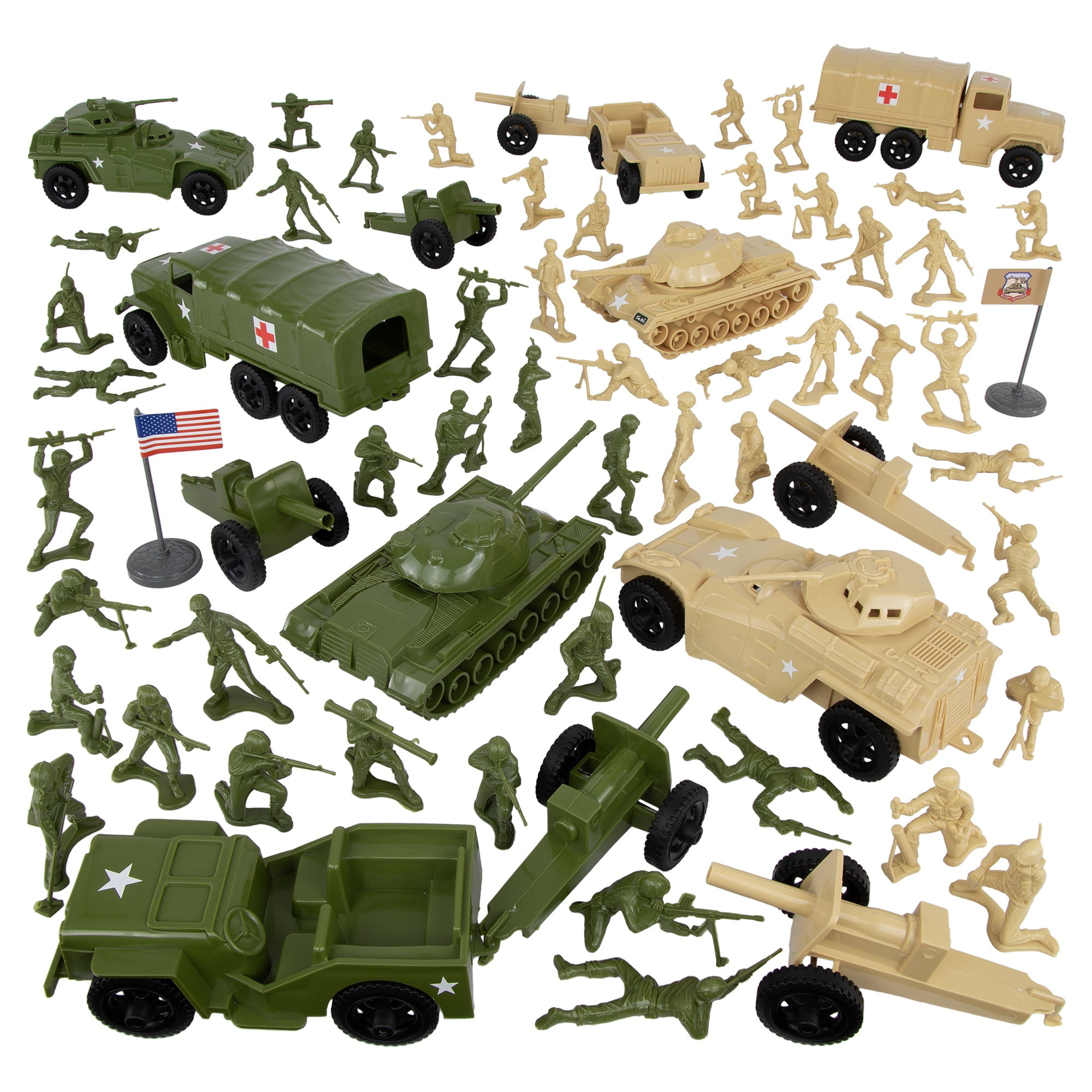 Tim Mee Combat Convoy 64pc Playset - 64pc OD Green vs. Tan Soldiers ...