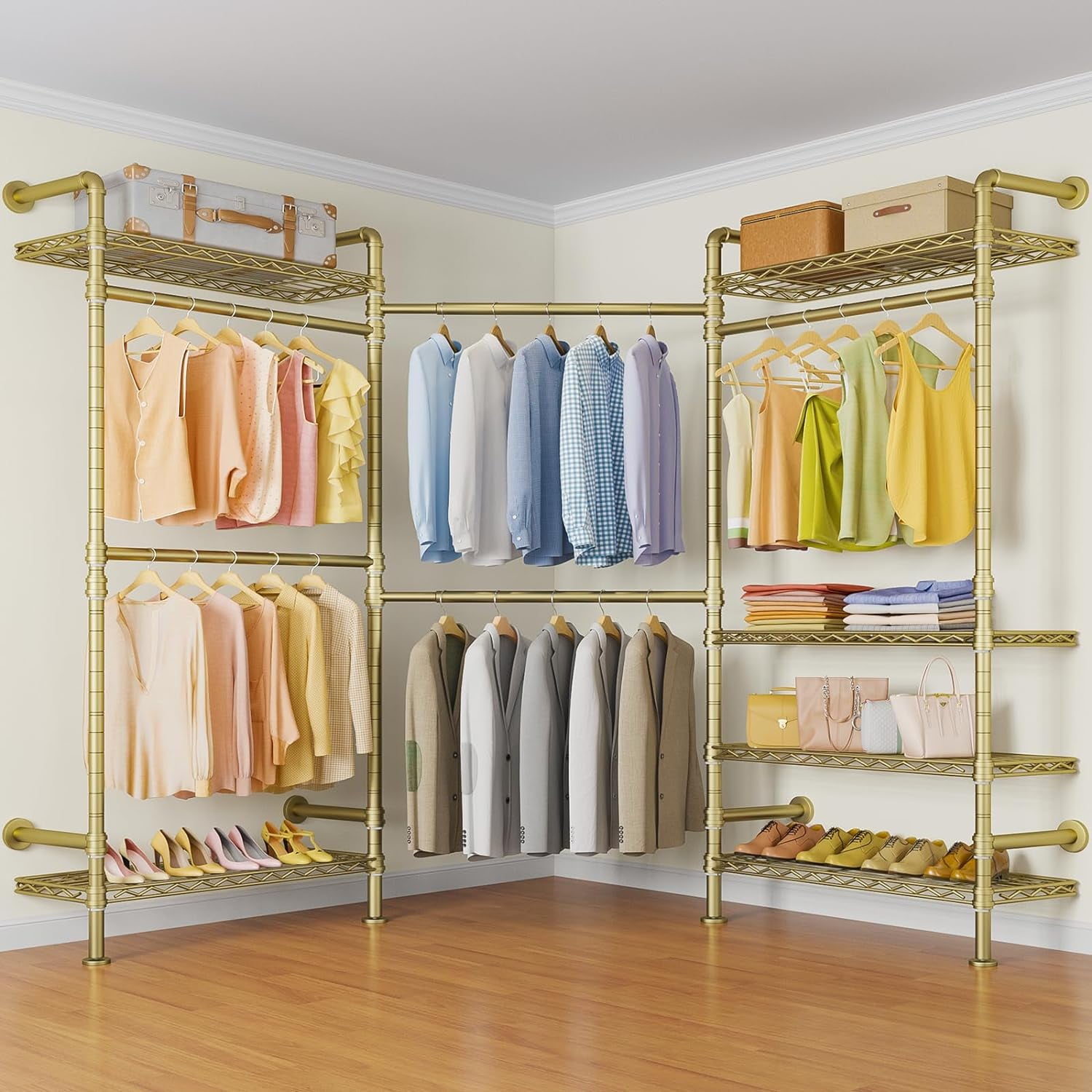 Timate L3 L Shape Gold Heavy Duty Clothes Rack, Industrial Pipe Wall ...