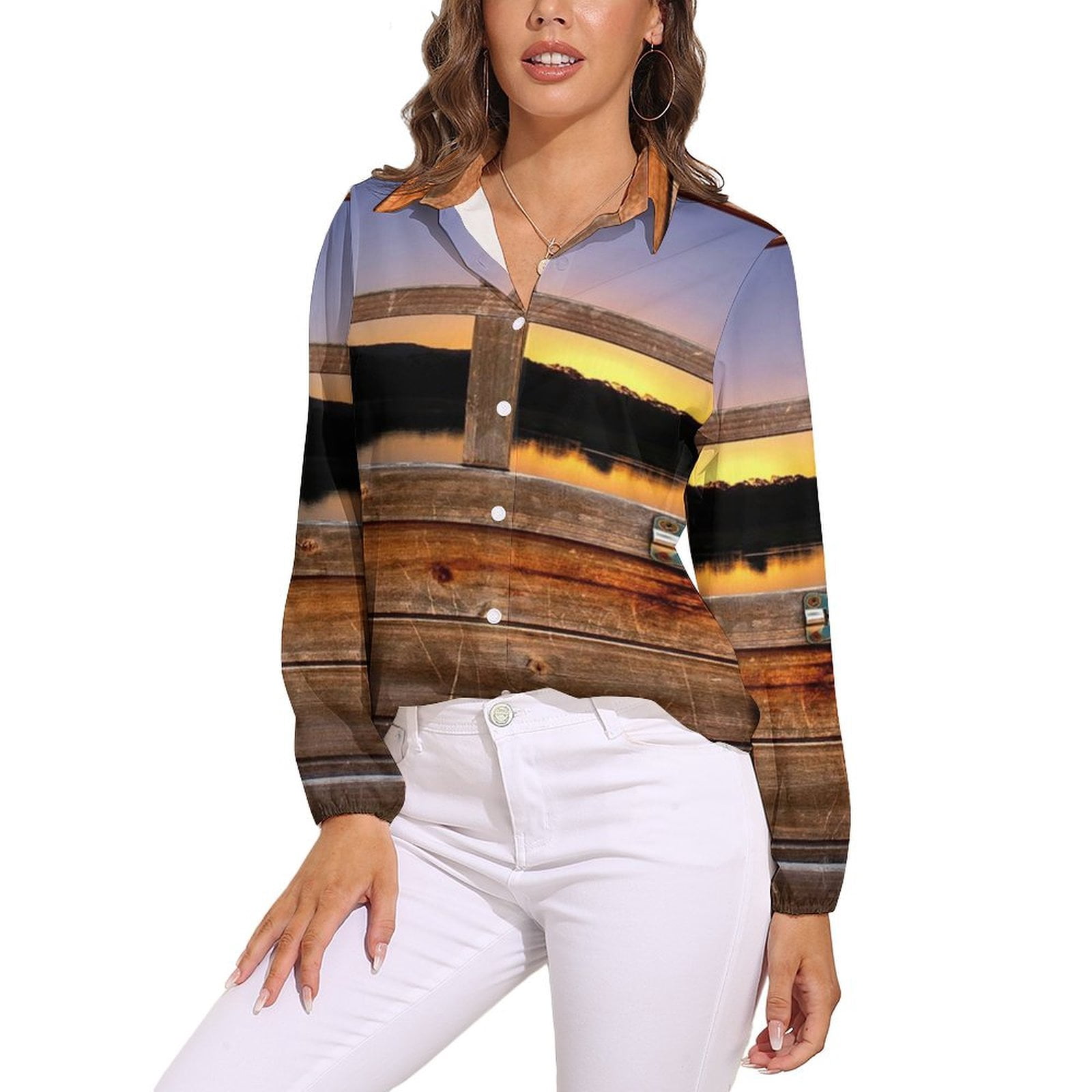 Timber Door with Window To Sunset And River Stock Long Sleeve Blouse ...