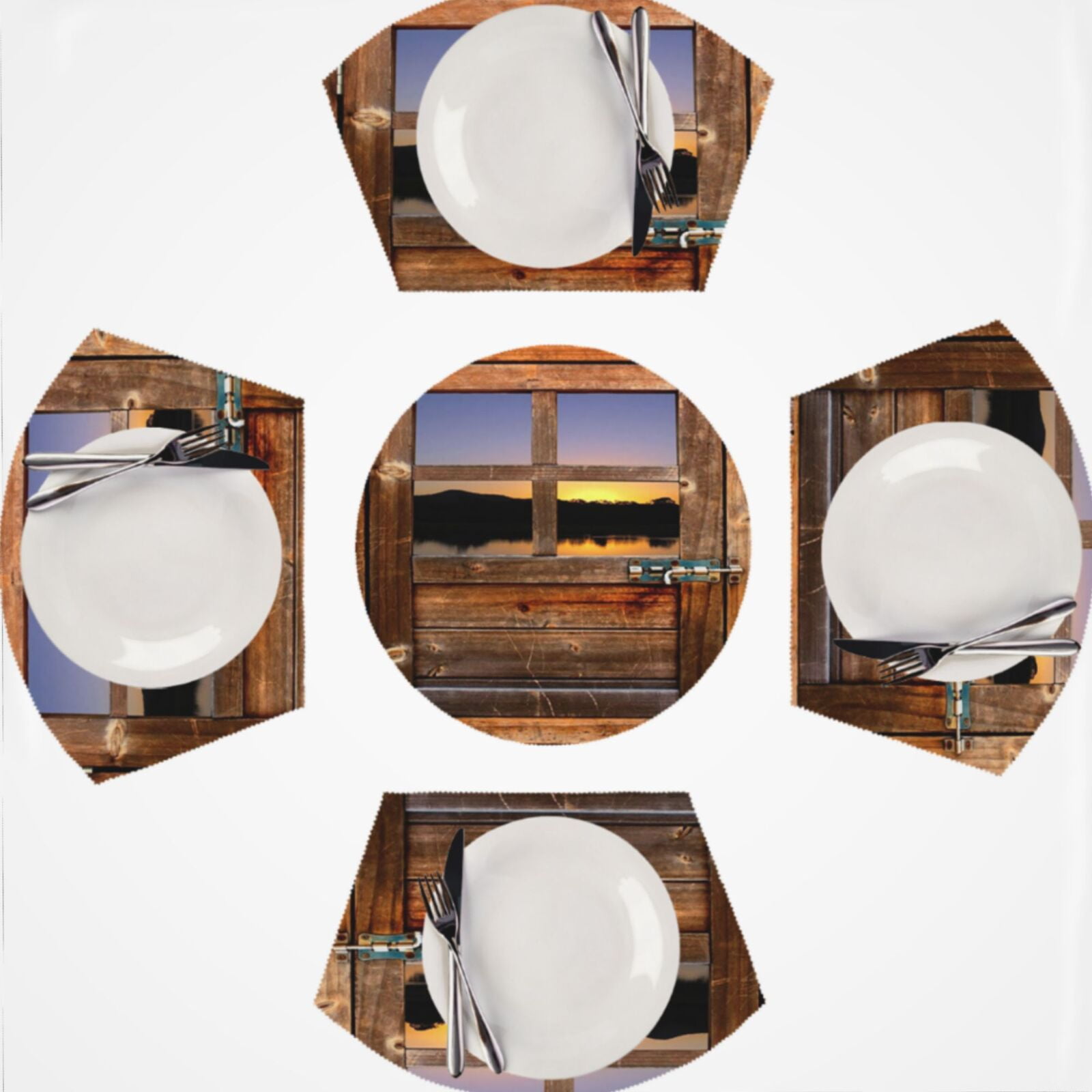 Timber Door With Window To Sunset And River Stock Round Table Placemats ...