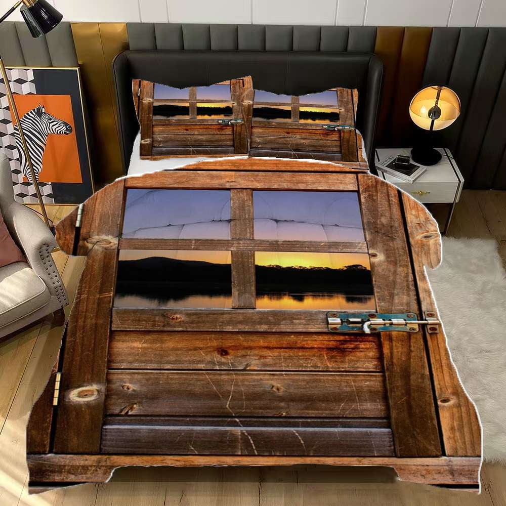 Timber Door With Window To Sunset And River Stock Comforter Set Queen ...