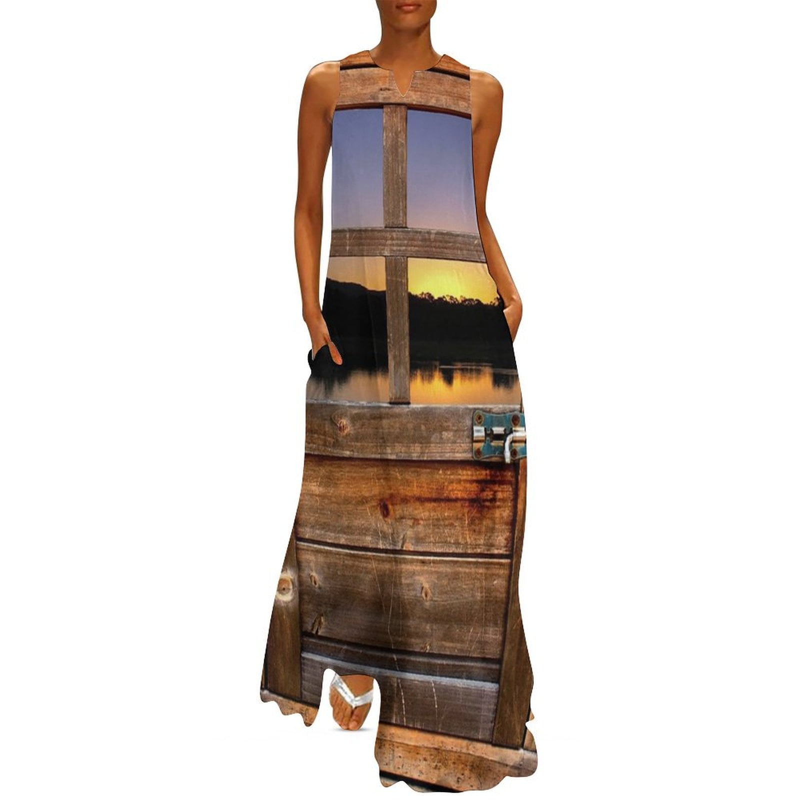 Timber Door with Window To Sunset And River Stock Long Dress Women's ...